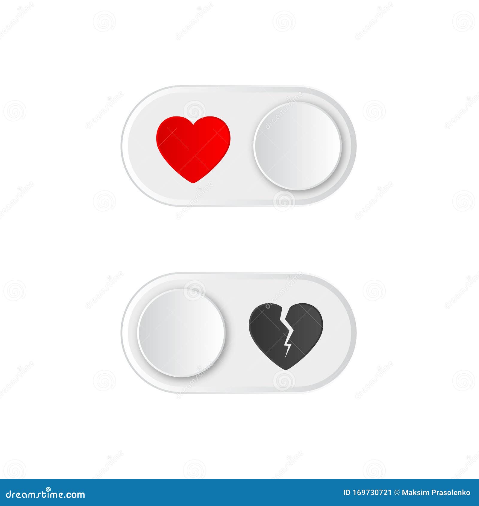 Icon on and Off Toggle Switch Button with Red Heart and Broken. Happy ...