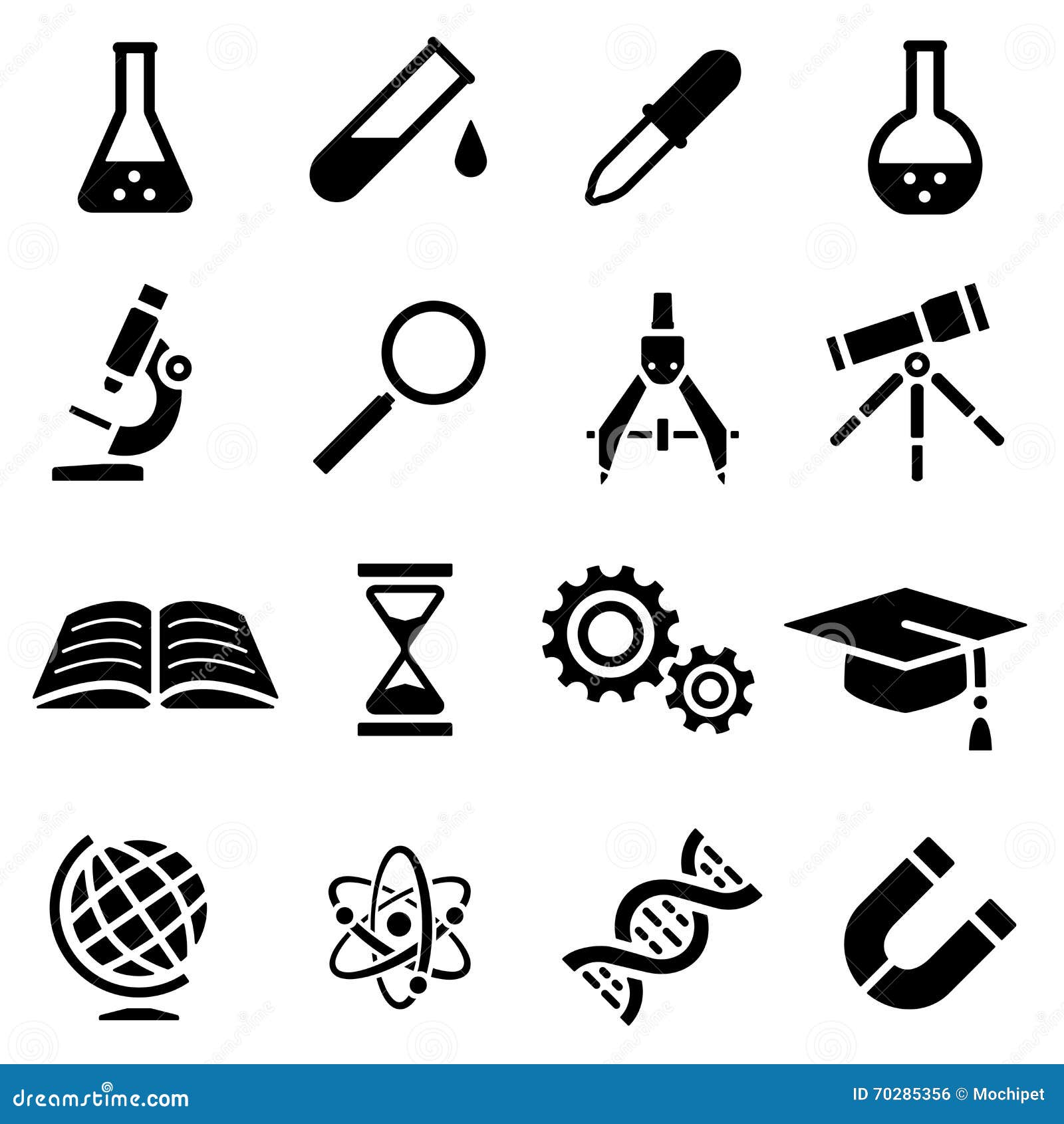 Icon Set Of Black Simple Silhouette Of Scientific Tools In Flat Design ...