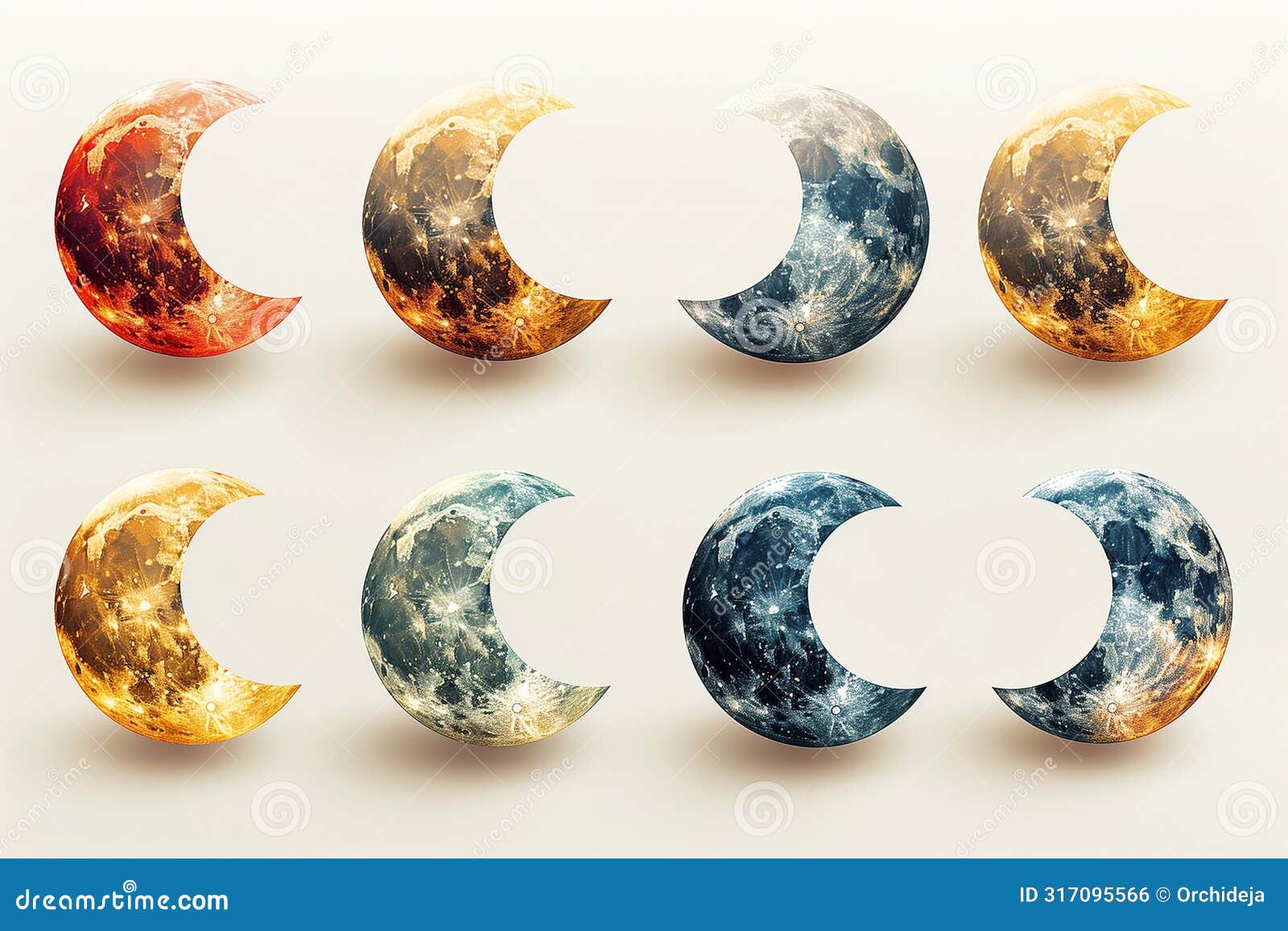 Icon Set Displaying Various Phases of the Moon with Different Colors ...