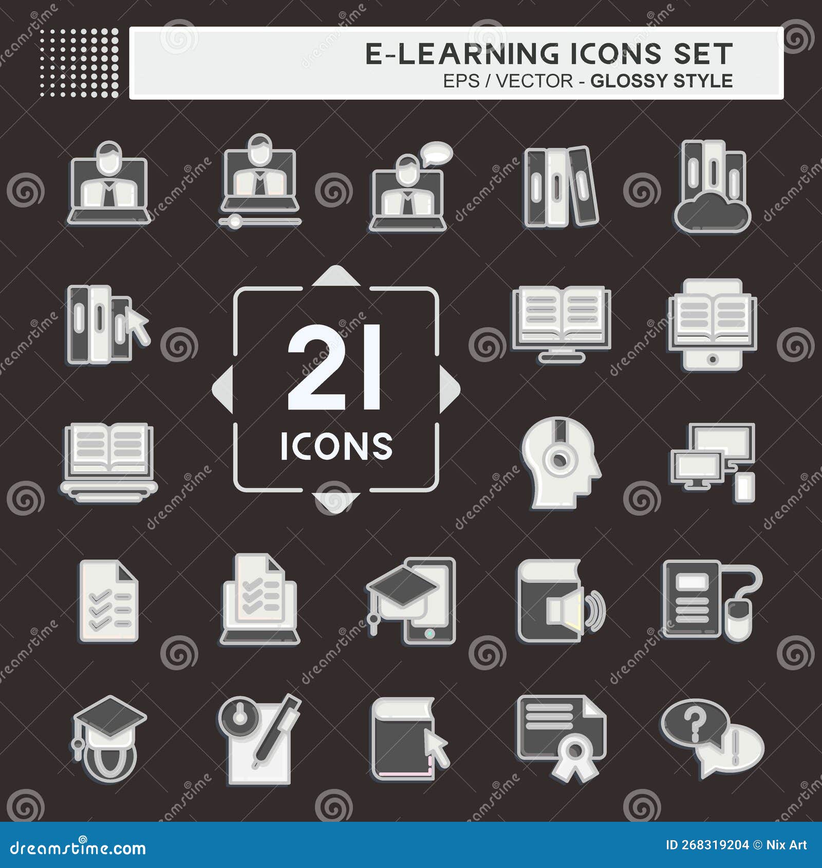 Icon Set E-Learning. Related To Education Symbol. Glossy Style. Simple ...