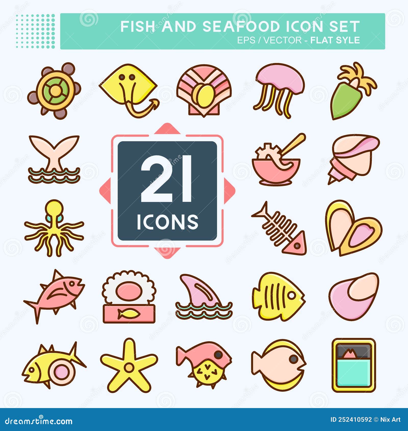Icon Set Fish and Seafood. Suitable for Seafood Symbol. Flat Style ...