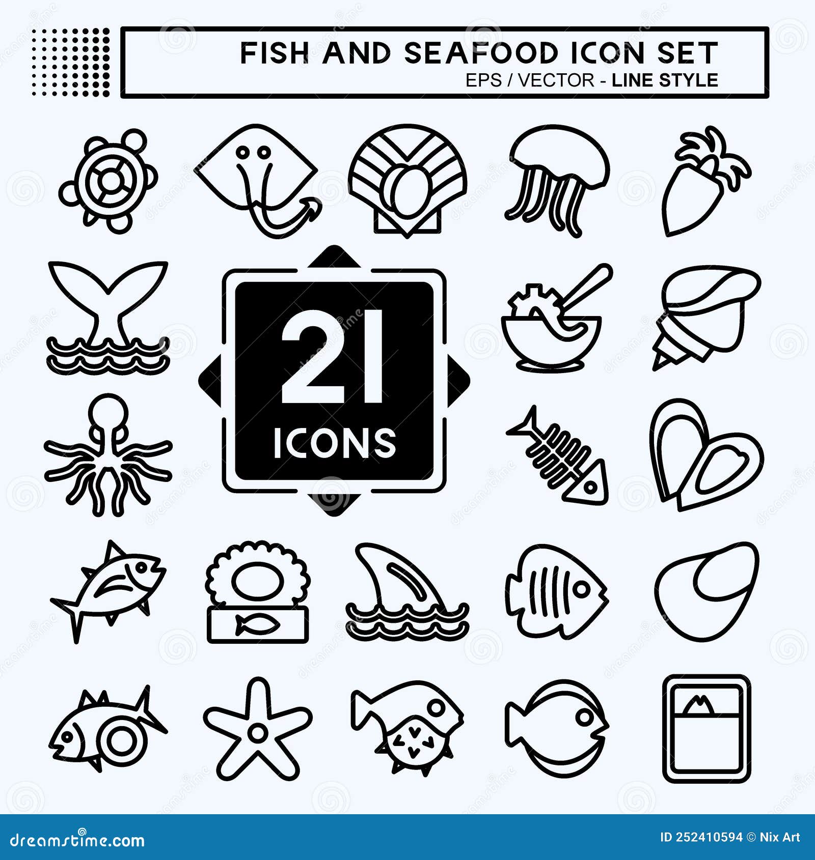 Icon Set Fish and Seafood. Suitable for Seafood Symbol. Line Style ...
