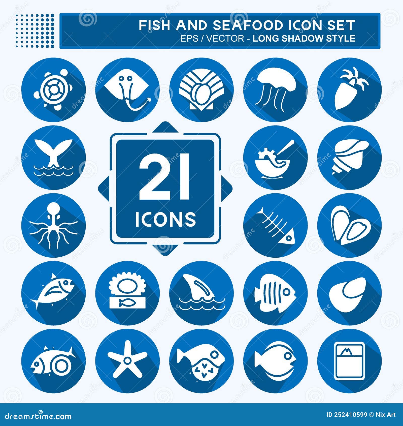 Icon Set Fish and Seafood. Suitable for Seafood Symbol. Long Shadow ...
