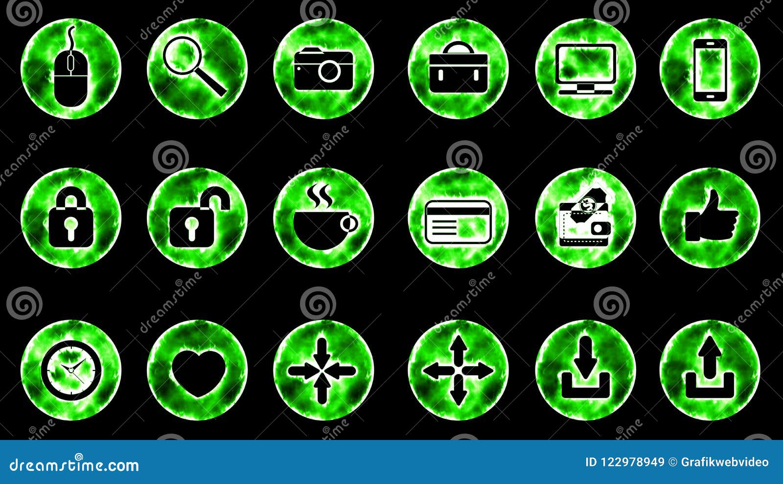 Icon Set 2 - Green Color Black Background Stock Illustration ...