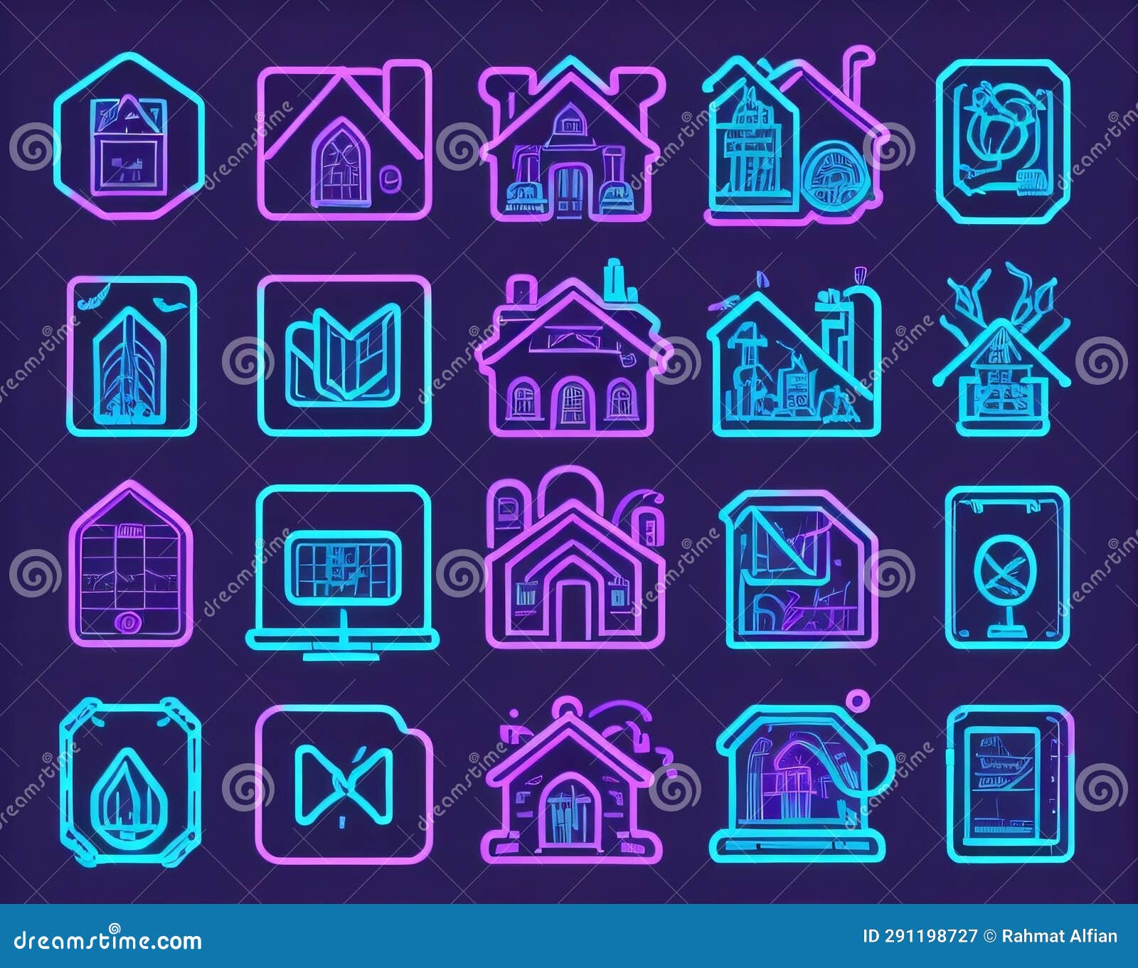 Icon Set House, Neon Light, House Neon Stock Illustration ...