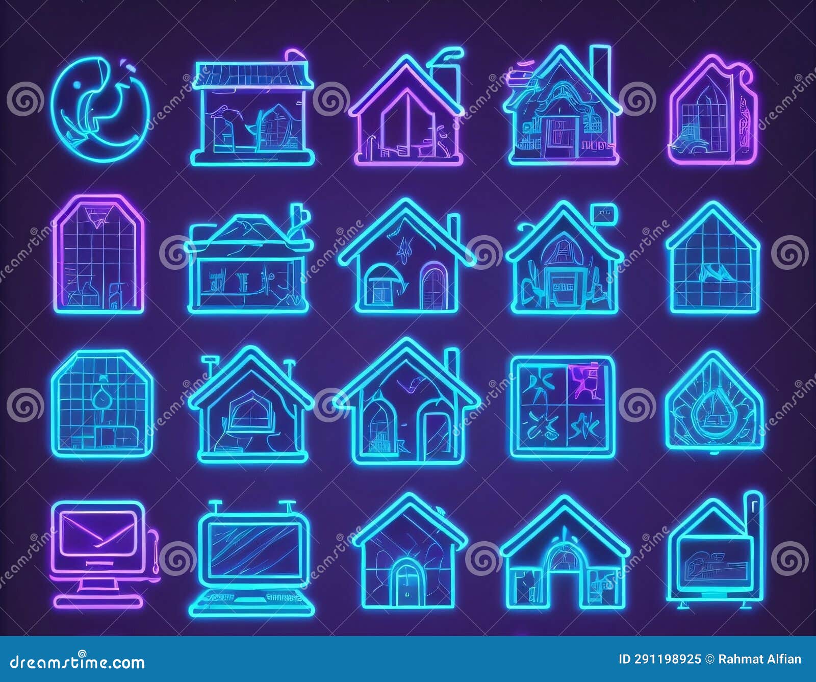Icon set house, neon light stock illustration. Illustration of text ...
