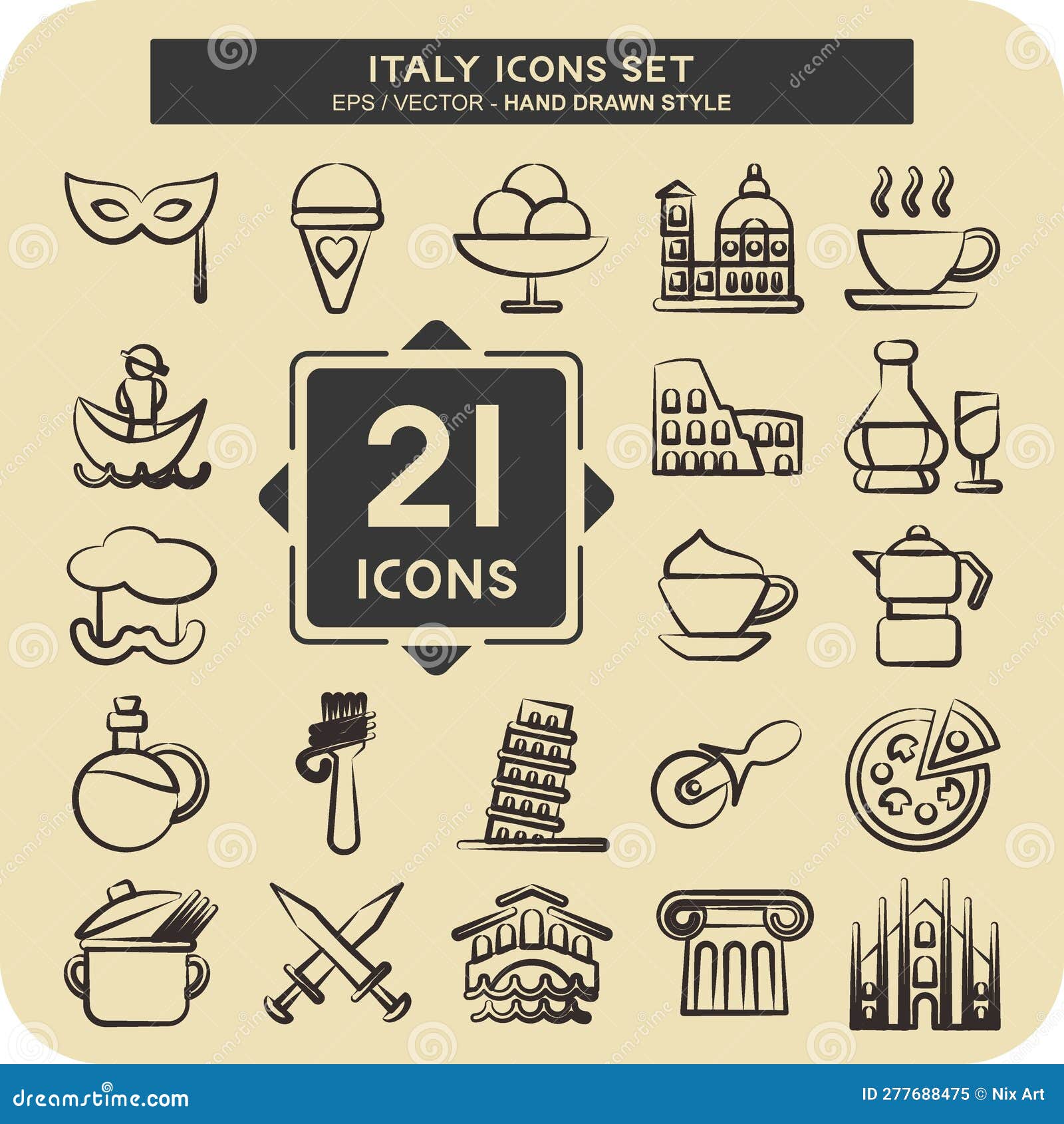 Icon Set Italy. Suitable for Education Symbol. Hand Drawn Style. Simple ...