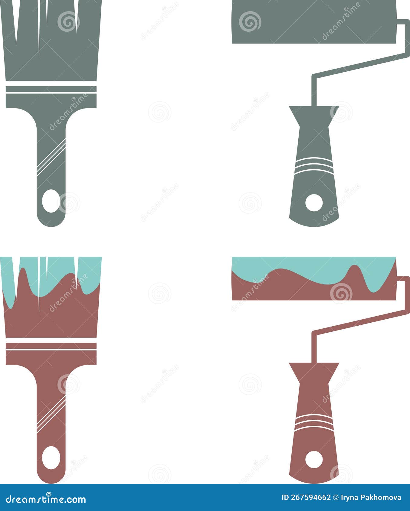 Icon Set Paint Brush and Paint Roller Flat Design Silhouette Stock ...