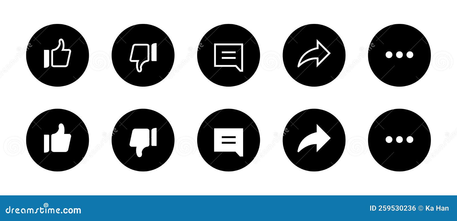 Icon Set of Streaming App. Like, Dislike, Comment, Share and More Menu ...