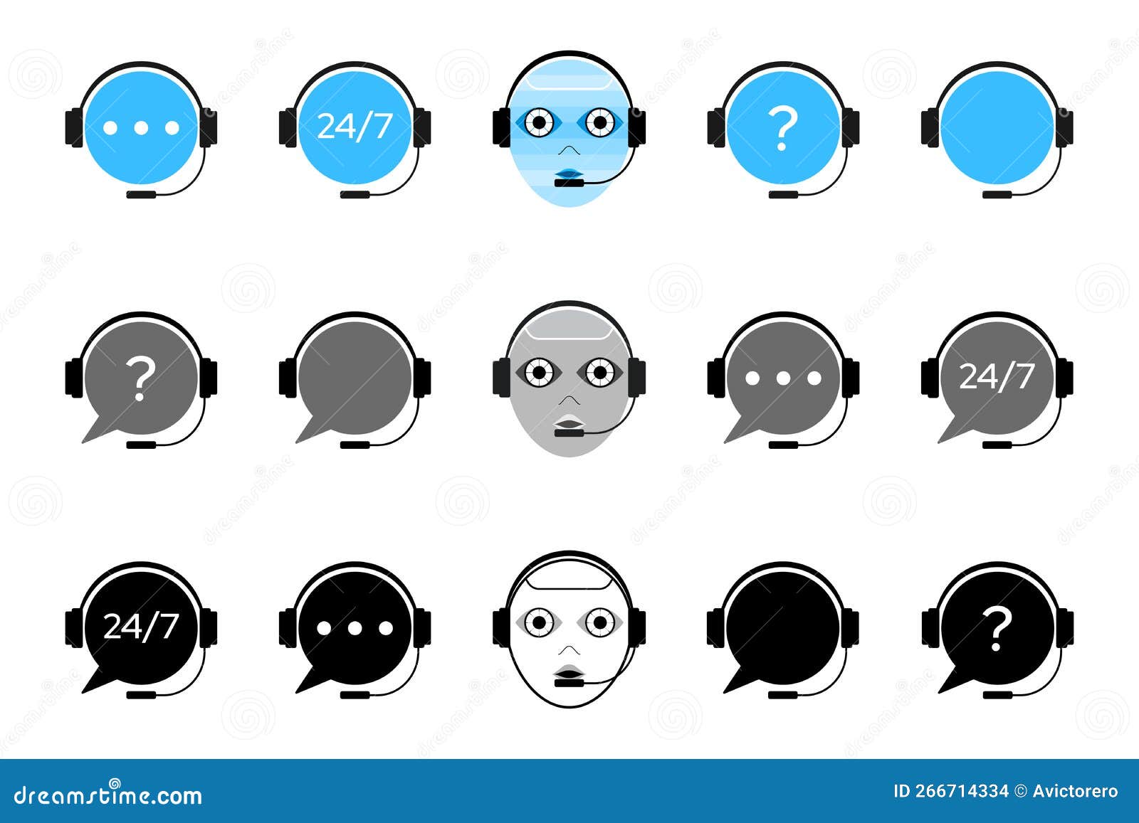 Icon Set of Support Service Chat Bot. Call Center Robot Online Help ...