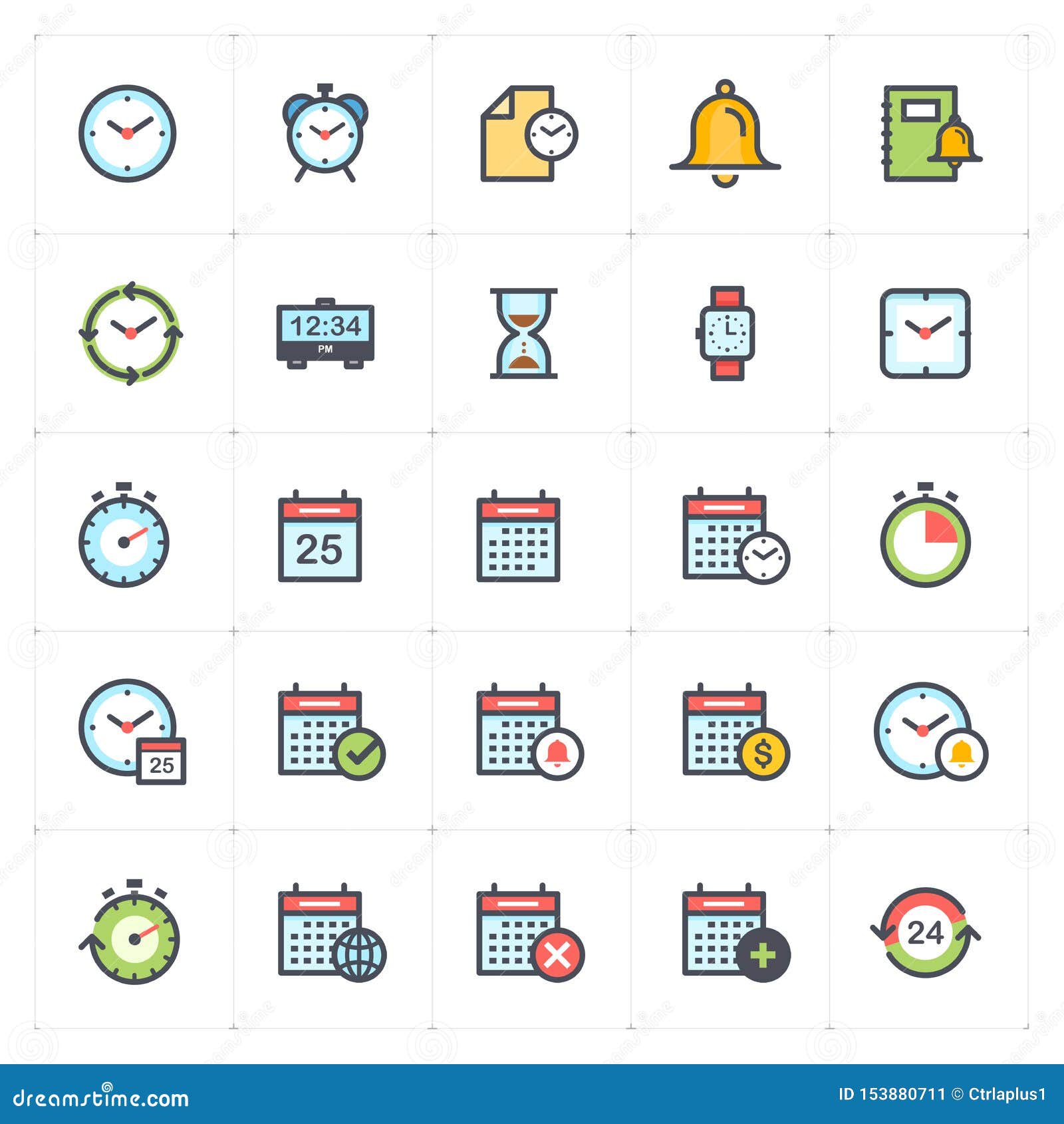 Icon Set - Time and Schedule Full Color Outline Stroke Stock Vector ...