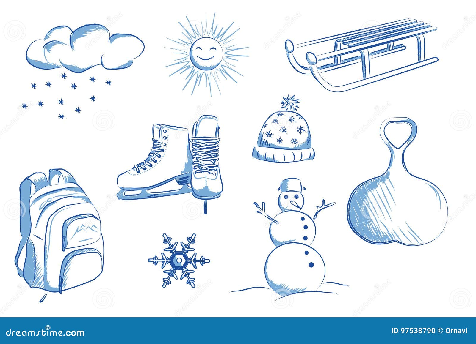 Icon Set of Winter Objects: Skates, Sleds, Snowman, Snowflakes. Stock ...