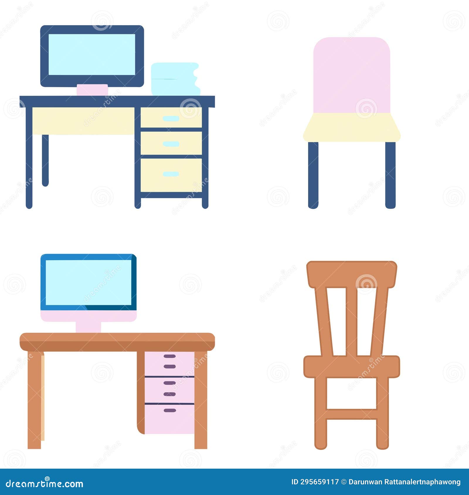 Icon Set Working Place Desk and Chair with Computer Elevation Furniture ...