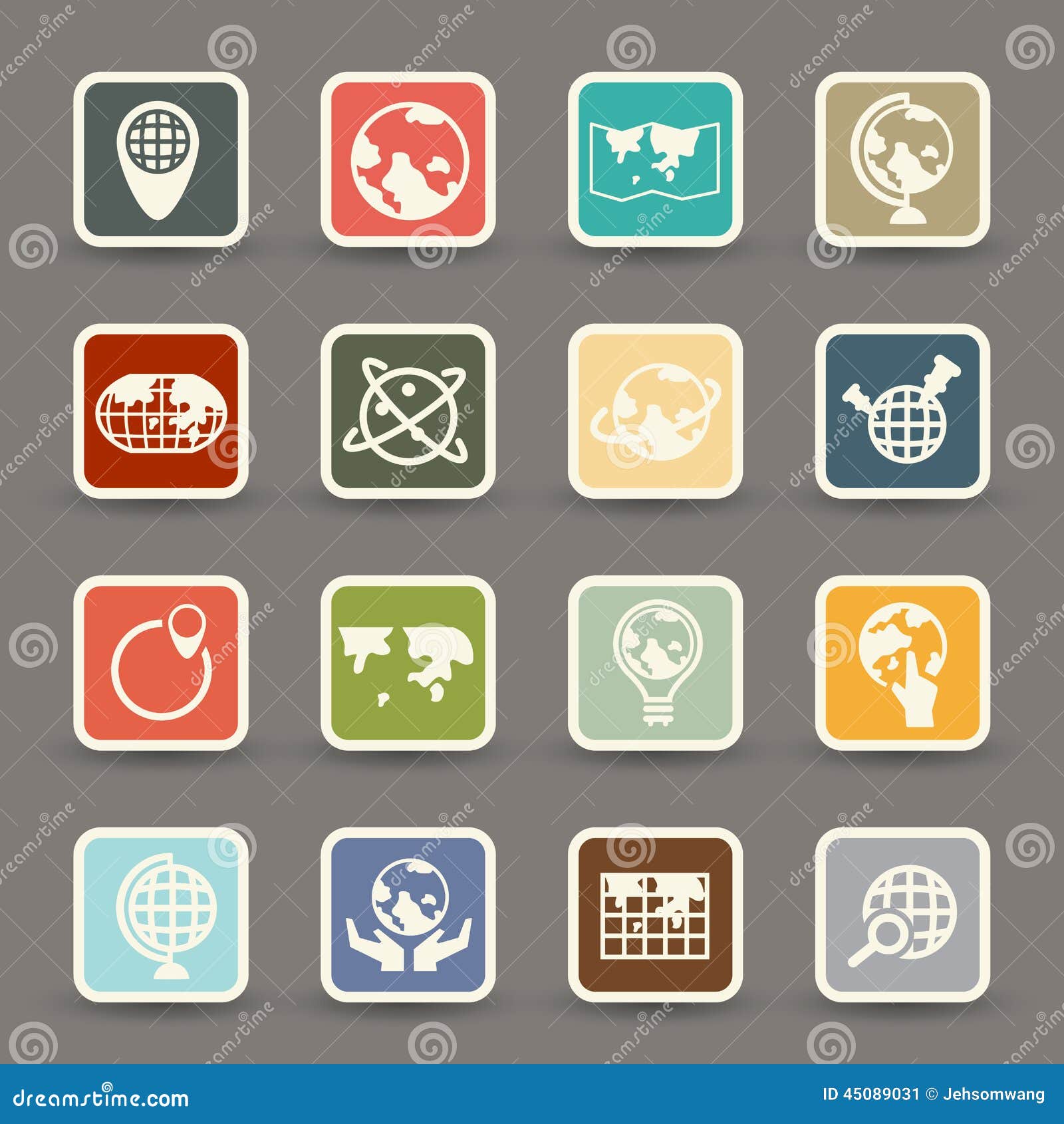 Icone Della Mappa Di Mondo E Del Globo Illustrazione Vettoriale ...