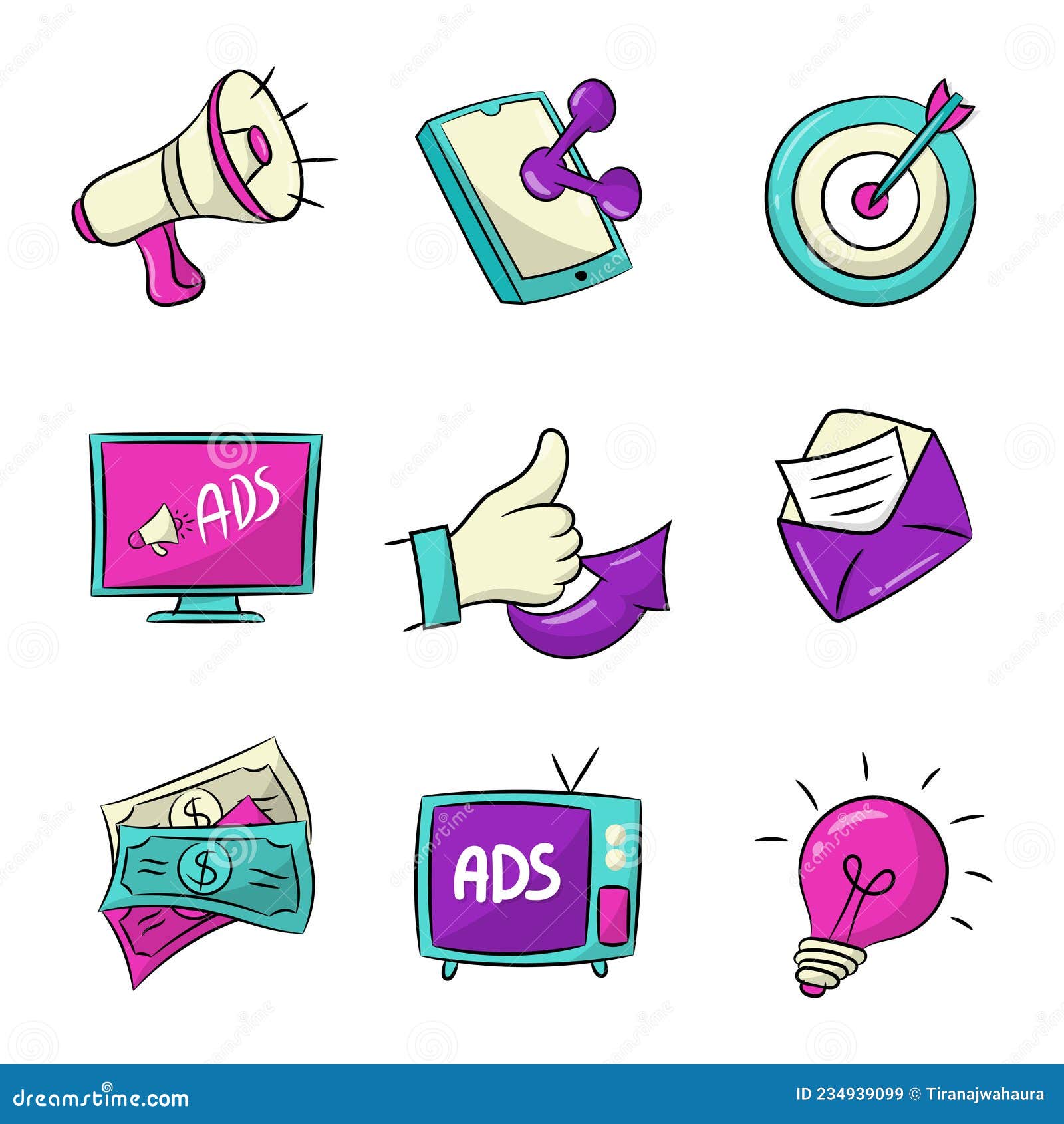 Set of Advertising Icons with Colorful Hand Drawn Style Stock Vector ...