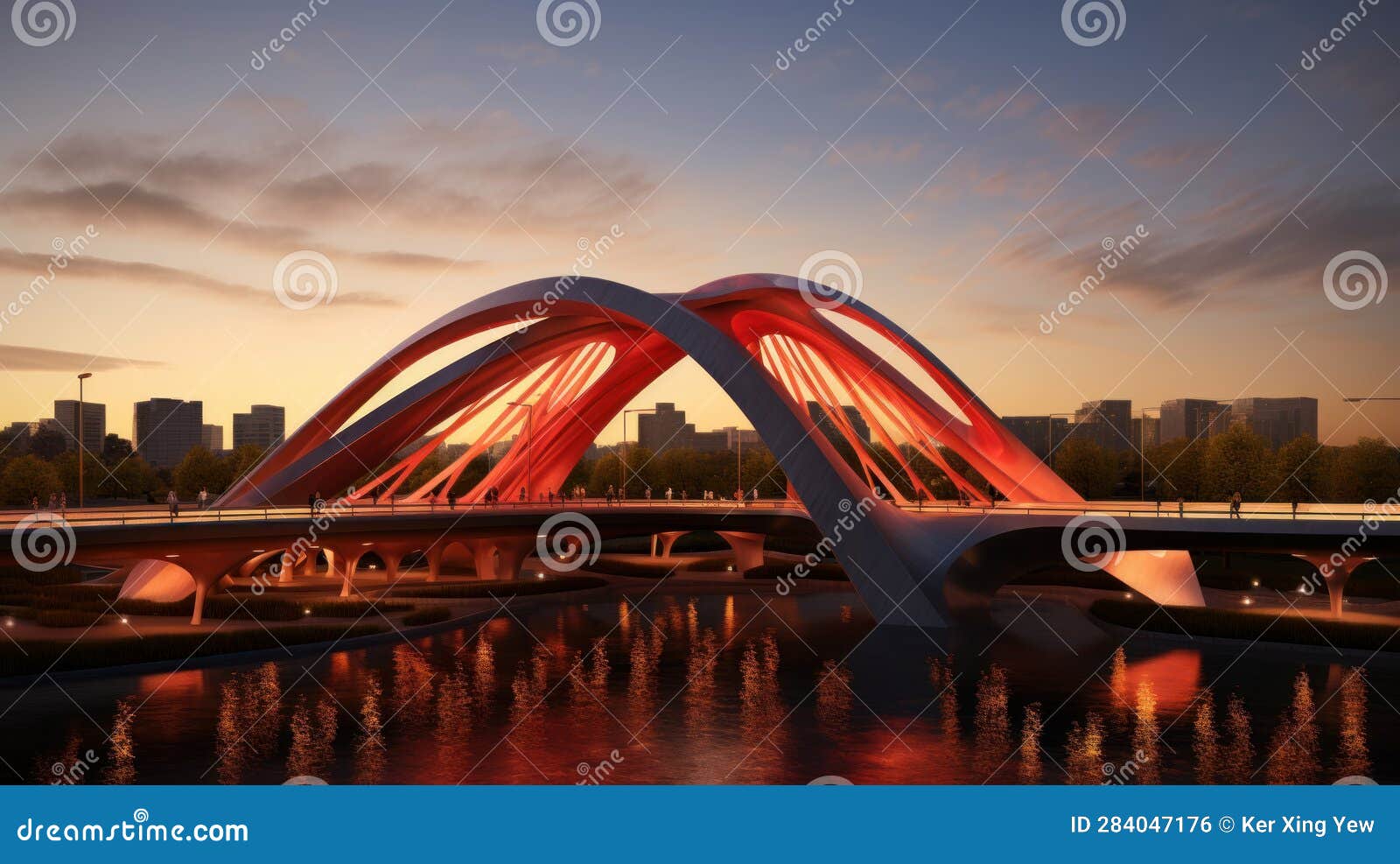 Iconic Bridge with Unconventional Design in Sunset Stock Illustration ...