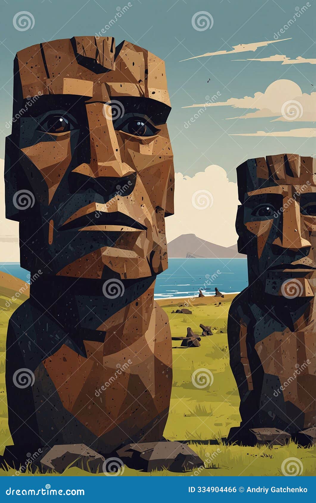 Moai Statues And Pyramids At Night Famous Landmark Vector Illustration ...