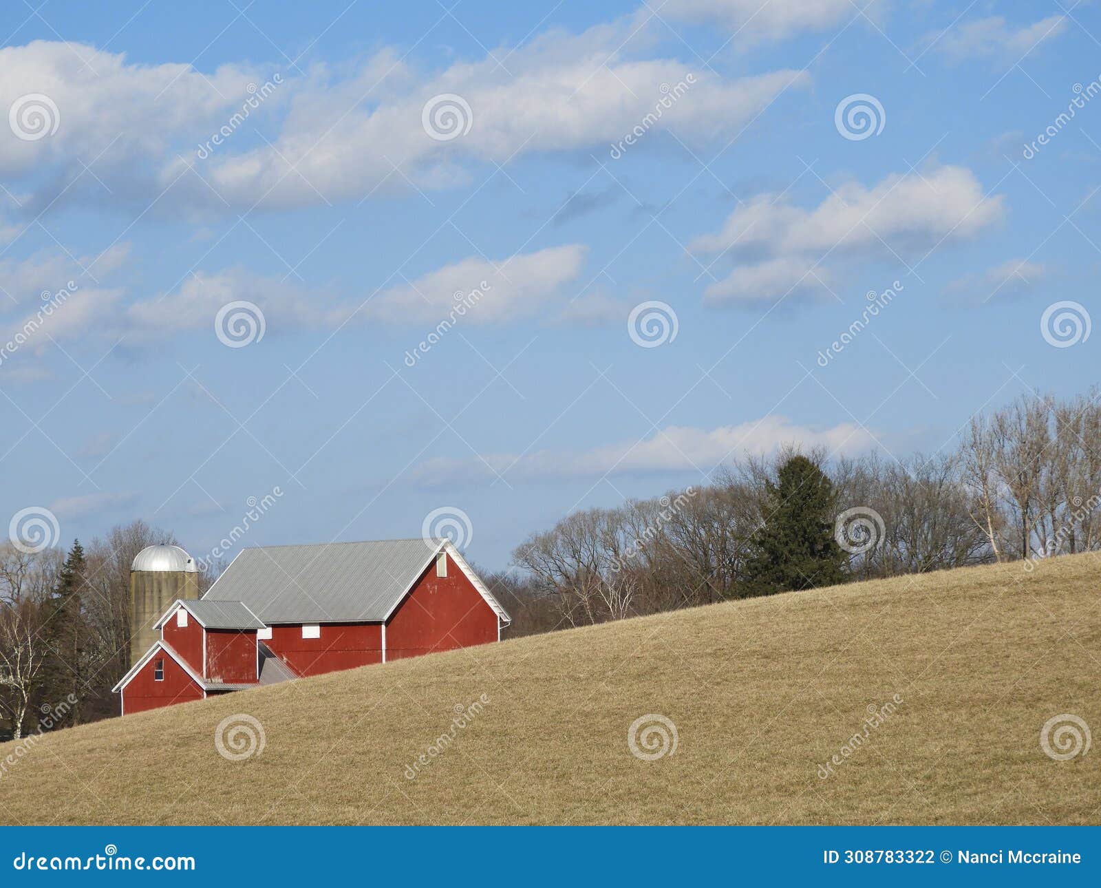 Iconic Red Barn Building Behind Harvested Hay Field Horizontal Image ...