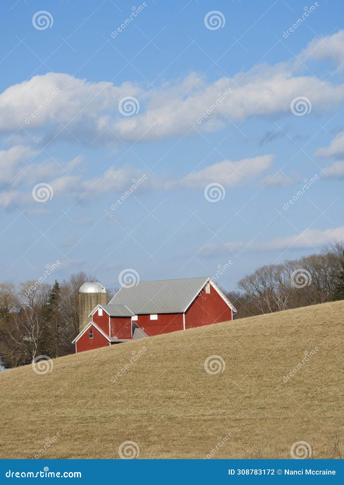 Iconic Red Barn Building Behind Harvested Hay Field Vertical Image ...