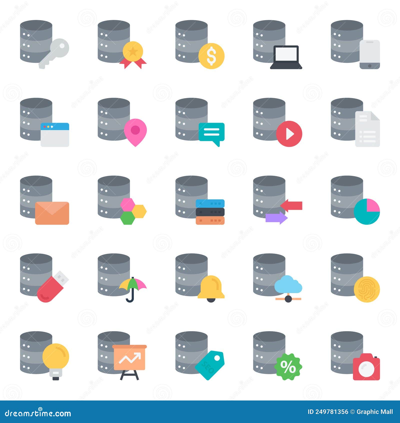 Iconos De Color Plano Para El Servidor De Bases De Datos. Ilustración ...