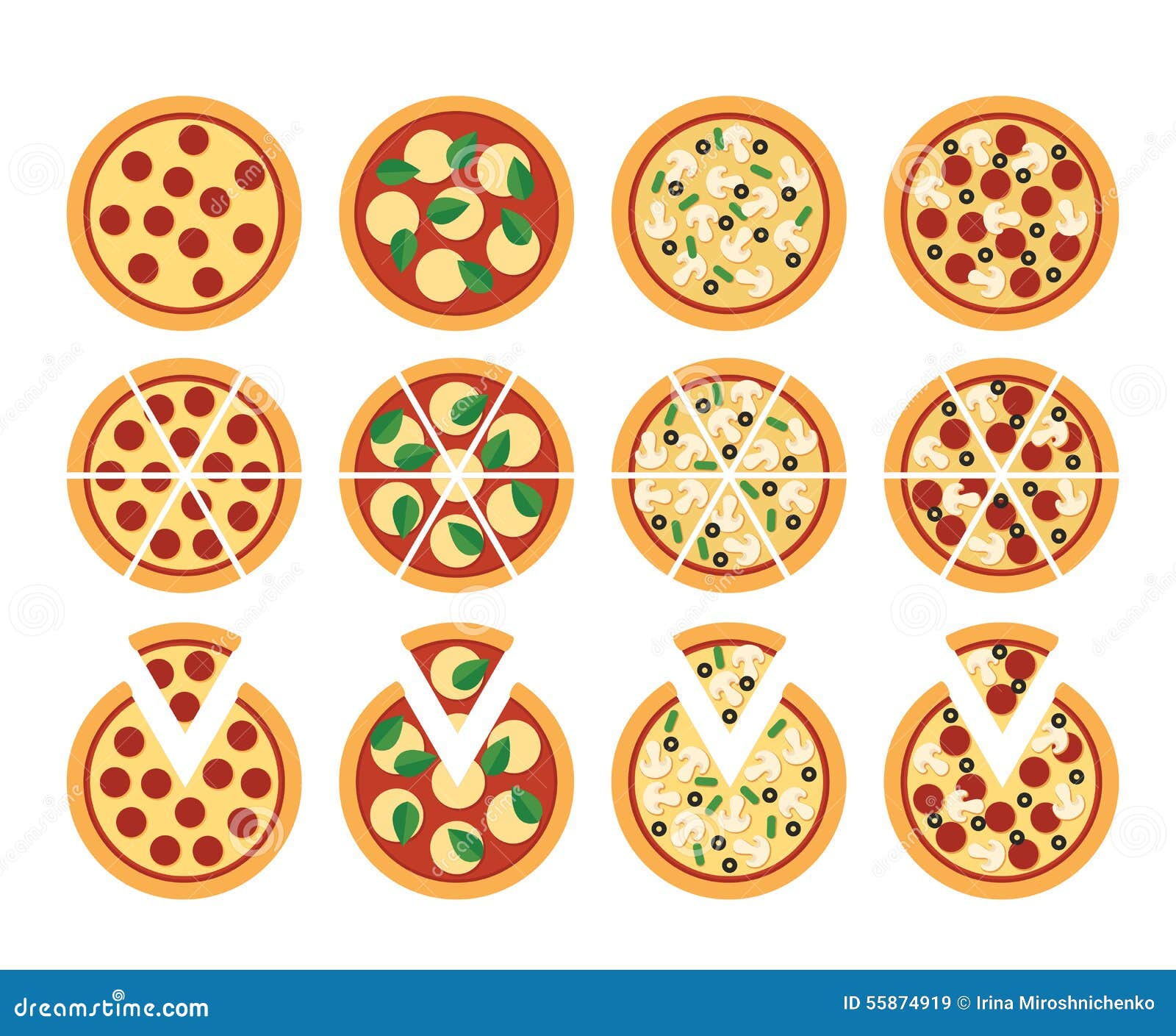 Iconos de la pizza ilustración del vector. Ilustración de vector - 55874919