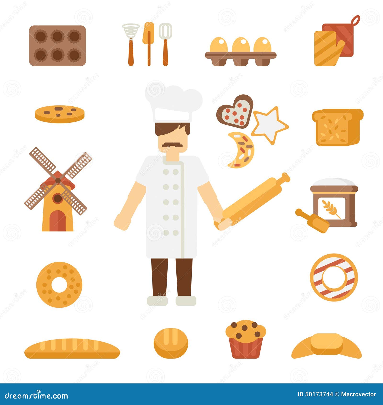 Iconos del panadero planos ilustración del vector. Ilustración de ...