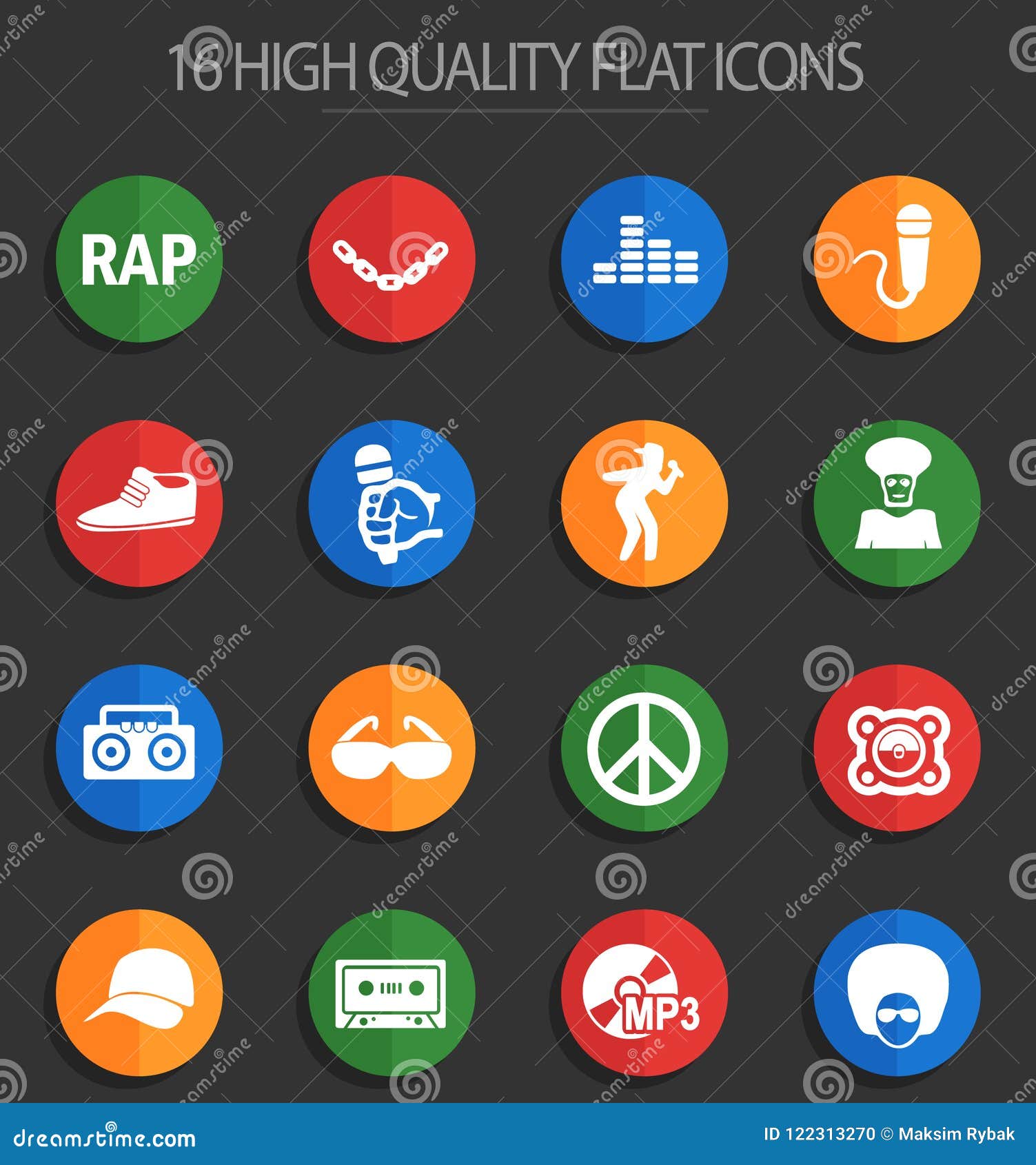 Iconos planos del rap 16 ilustración del vector. Ilustración de redondo ...