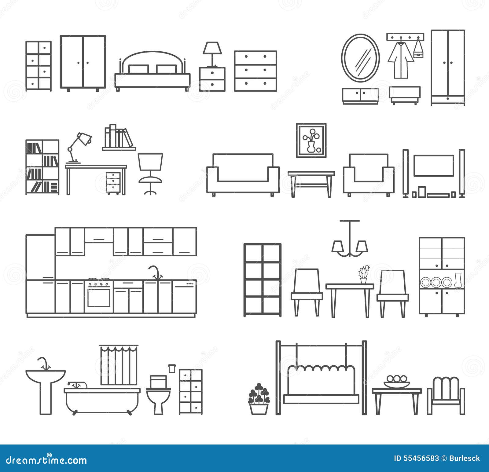 Iconos Relacionados Caseros Muebles Para Diversos Cuartos Ilustración ...