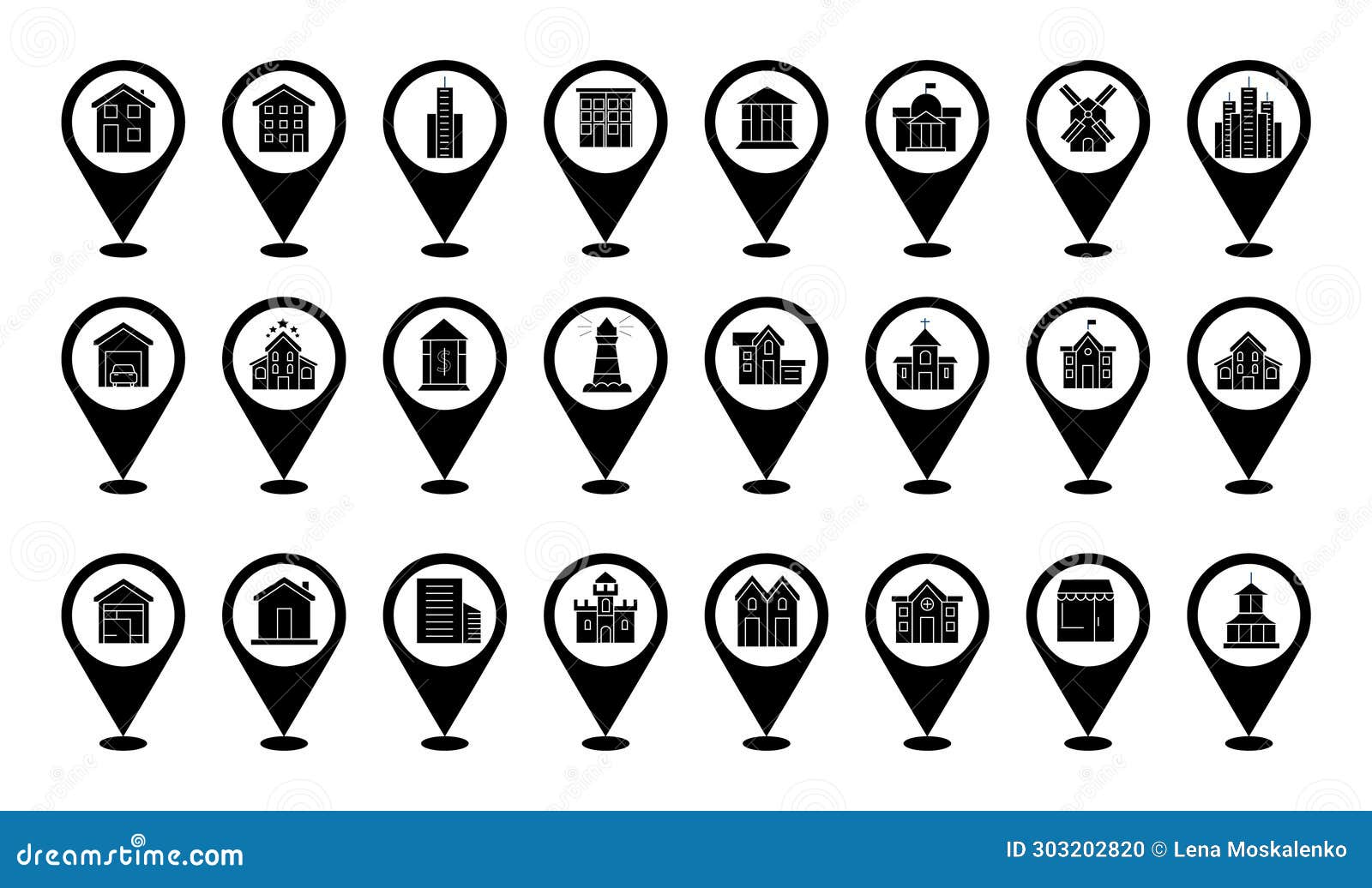 Iconos Vectoriales De Edificios Con Marcador Para Mapas Ilustración del Vector - Ilustración de ...