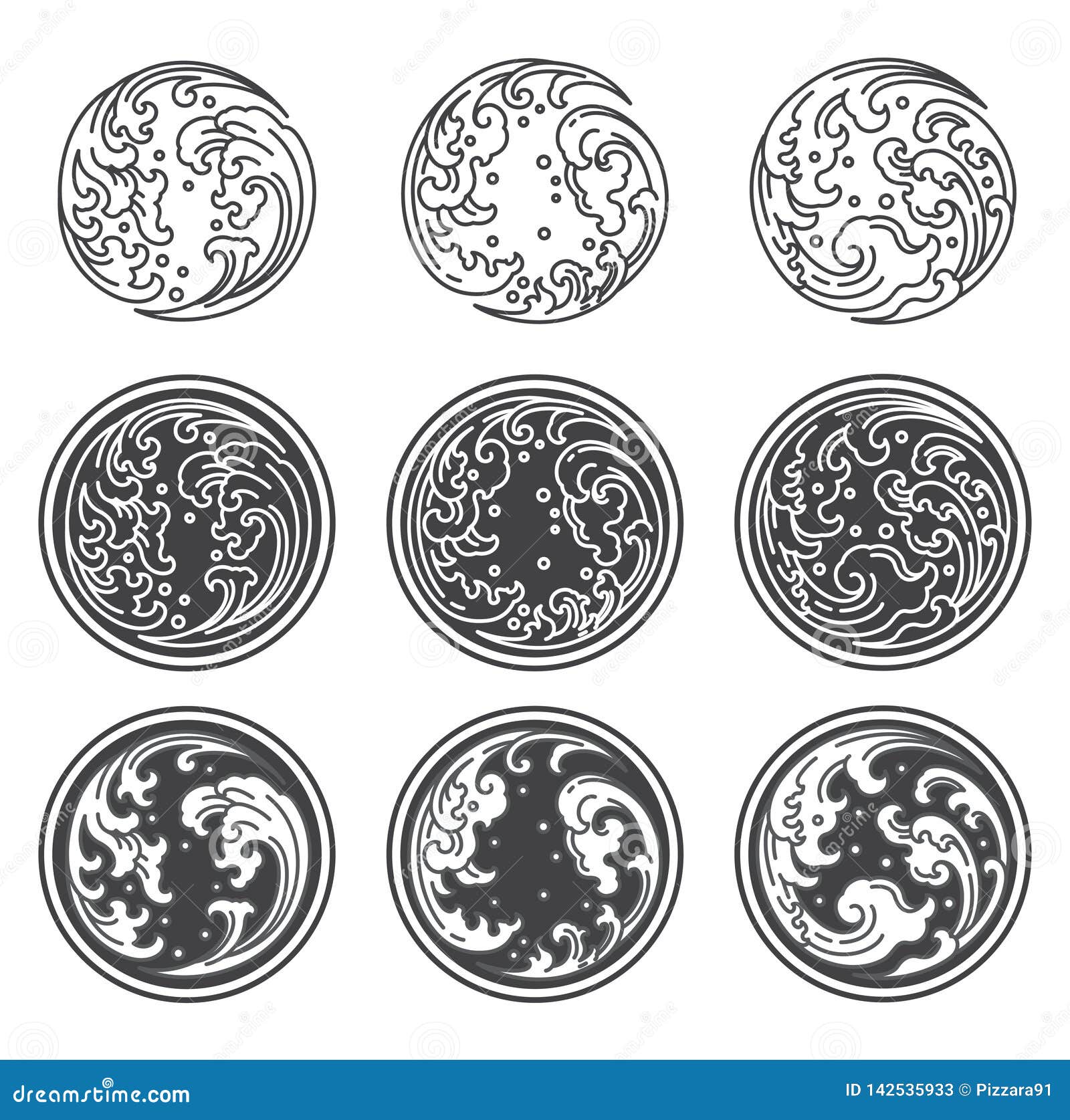 Oriental Water Wave.Yin Yan Icon. Japanese. Thai. Round Shape. Stock ...