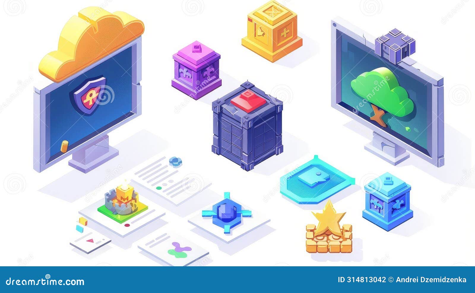 Icons of a Computer Monitor, a Virtual Cloud, and Documents Filled with ...