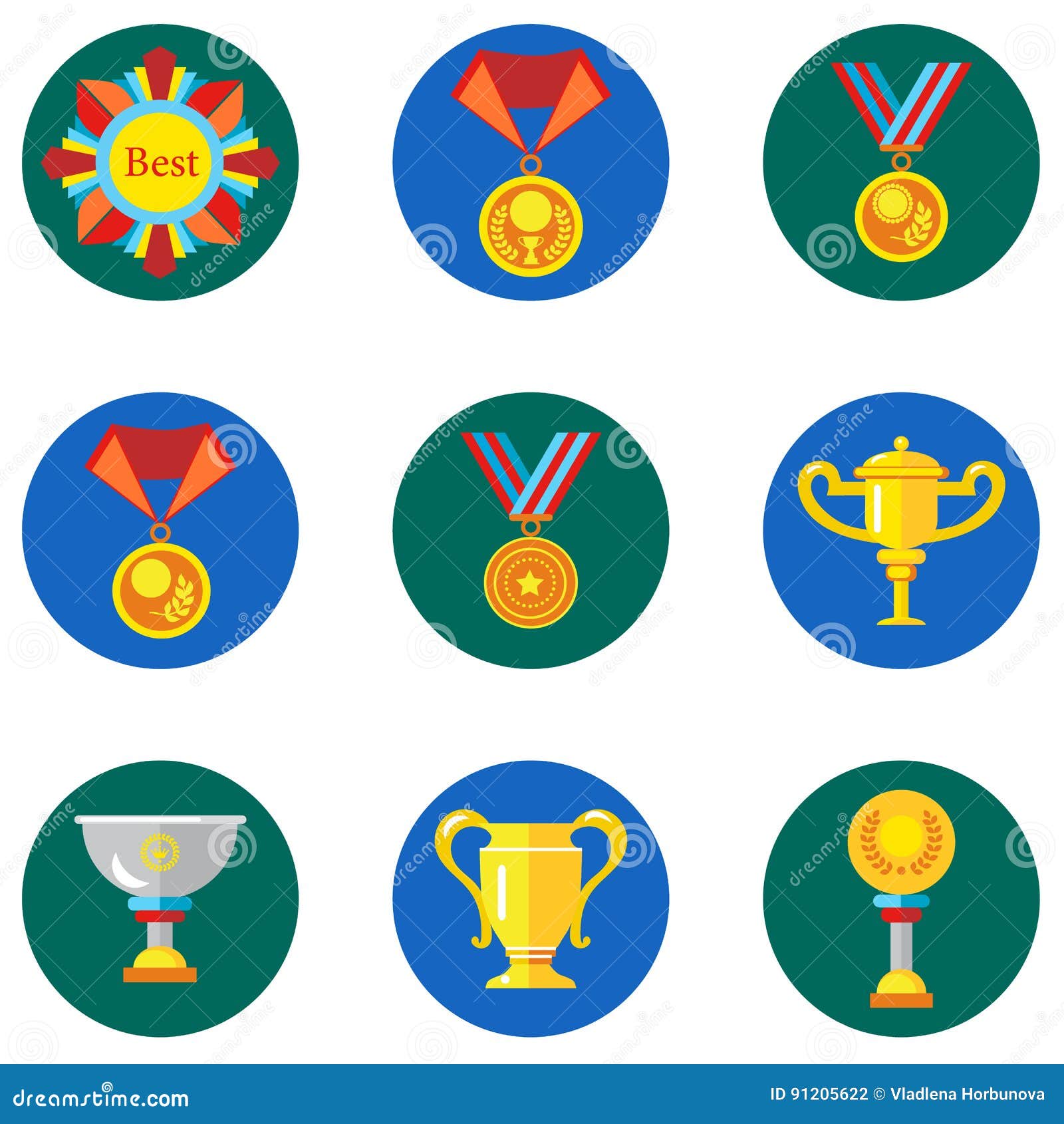 Icons Cups, Awards, Medals in the Flat Style. Vector Image on a Round ...