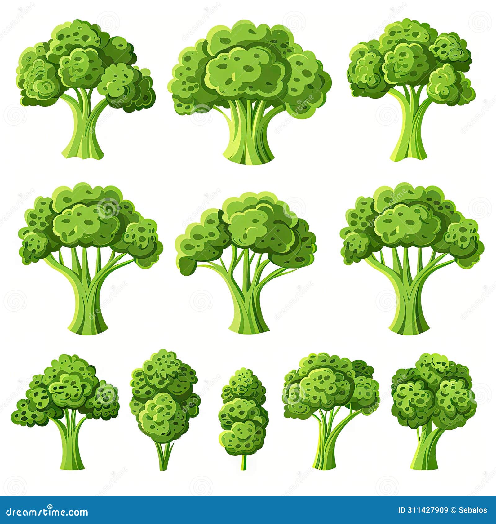 Icons of Fresh, Green Broccoli in Different Angles and Cuts Isolated on White Background Stock ...