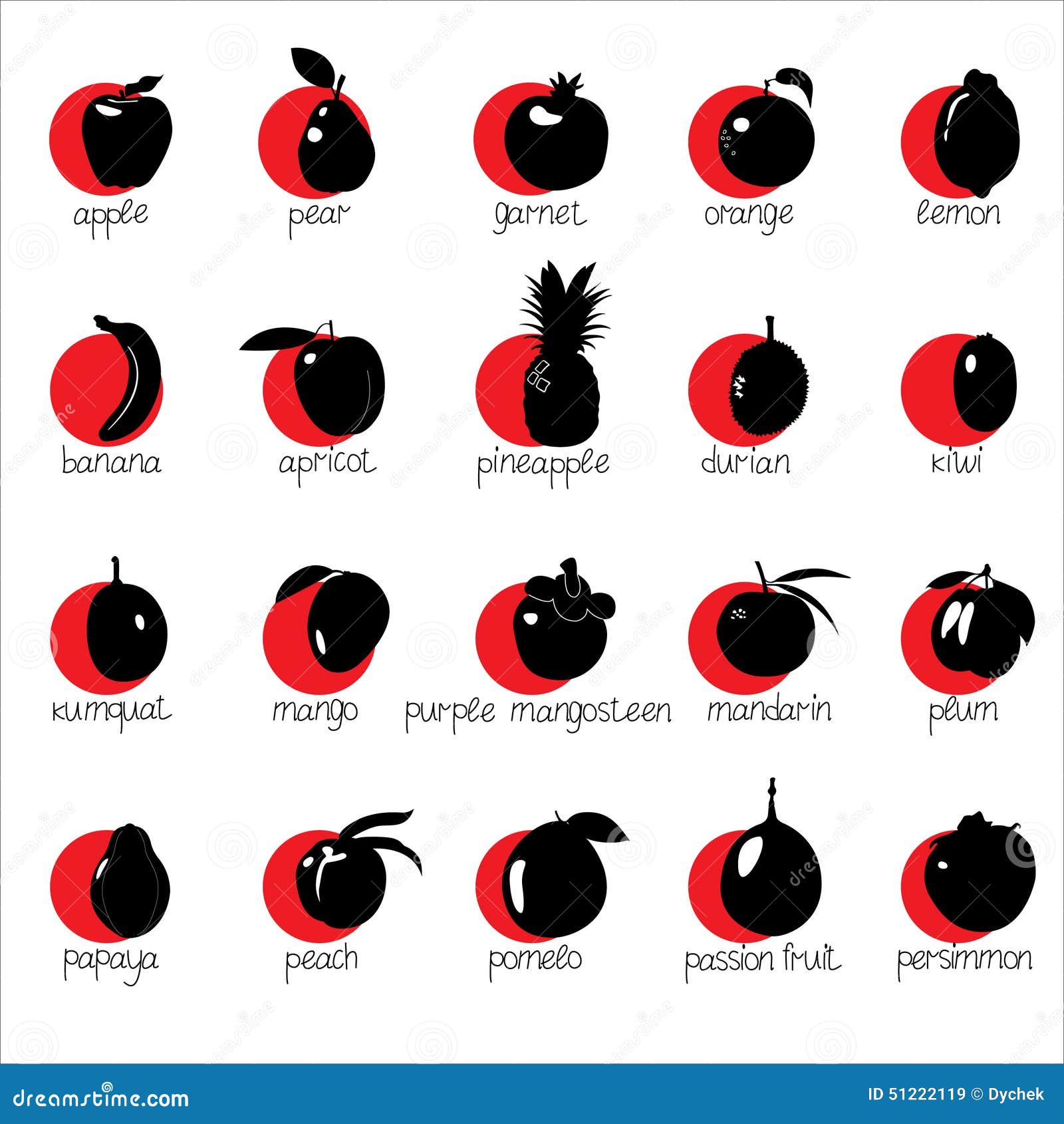 Icons With Fruit On Red Circles With Names. Stock Vector - Image: 51222119