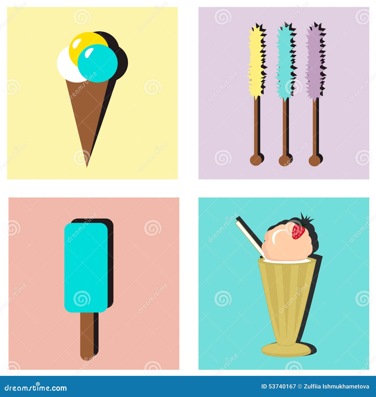 Icons of Ice Cream, Milk Shake and Rock Candy Stock Vector ...