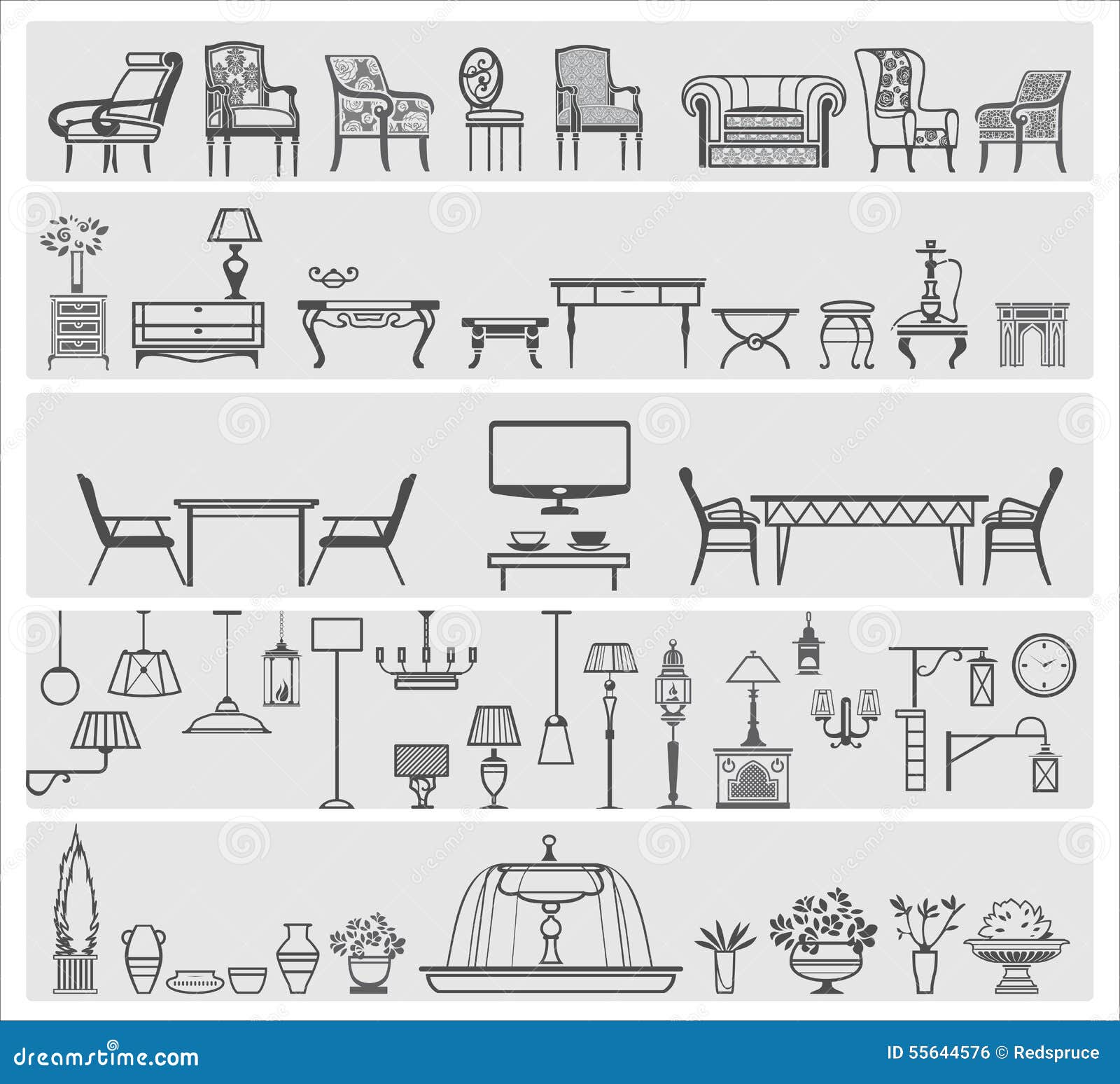 Icons of interior elements stock vector. Illustration of lamp - 55644576
