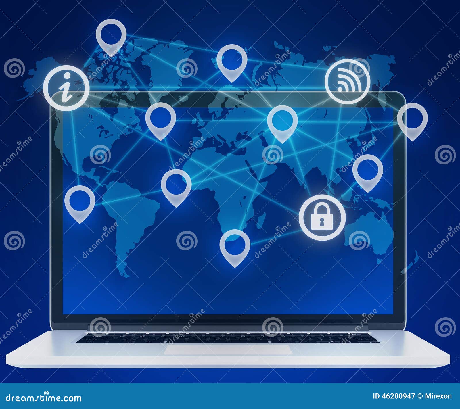 Icons of Locations in a Network. Laptop and World Stock Illustration ...