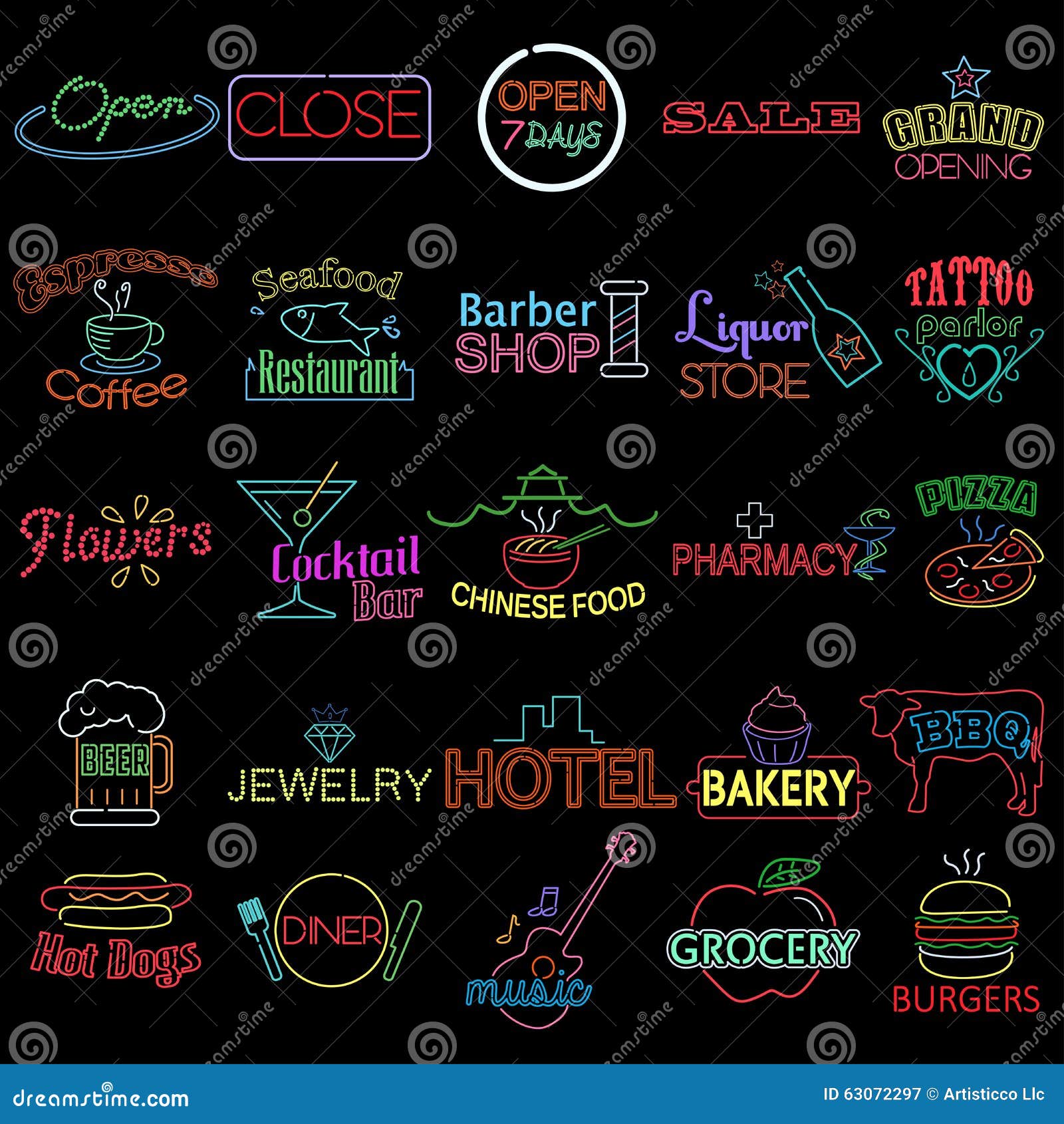 Icons of Neon Store Signs stock vector. Illustration of burgers - 63072297