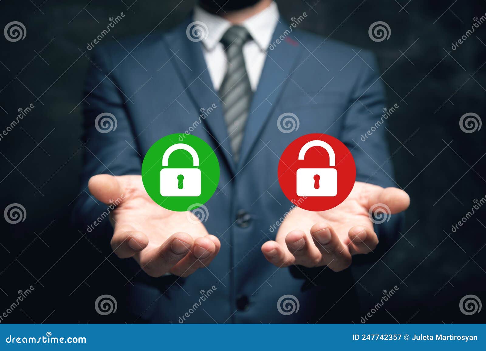 Icons of Open and Closed Lock. Man Holding in His Hands Stock Image ...