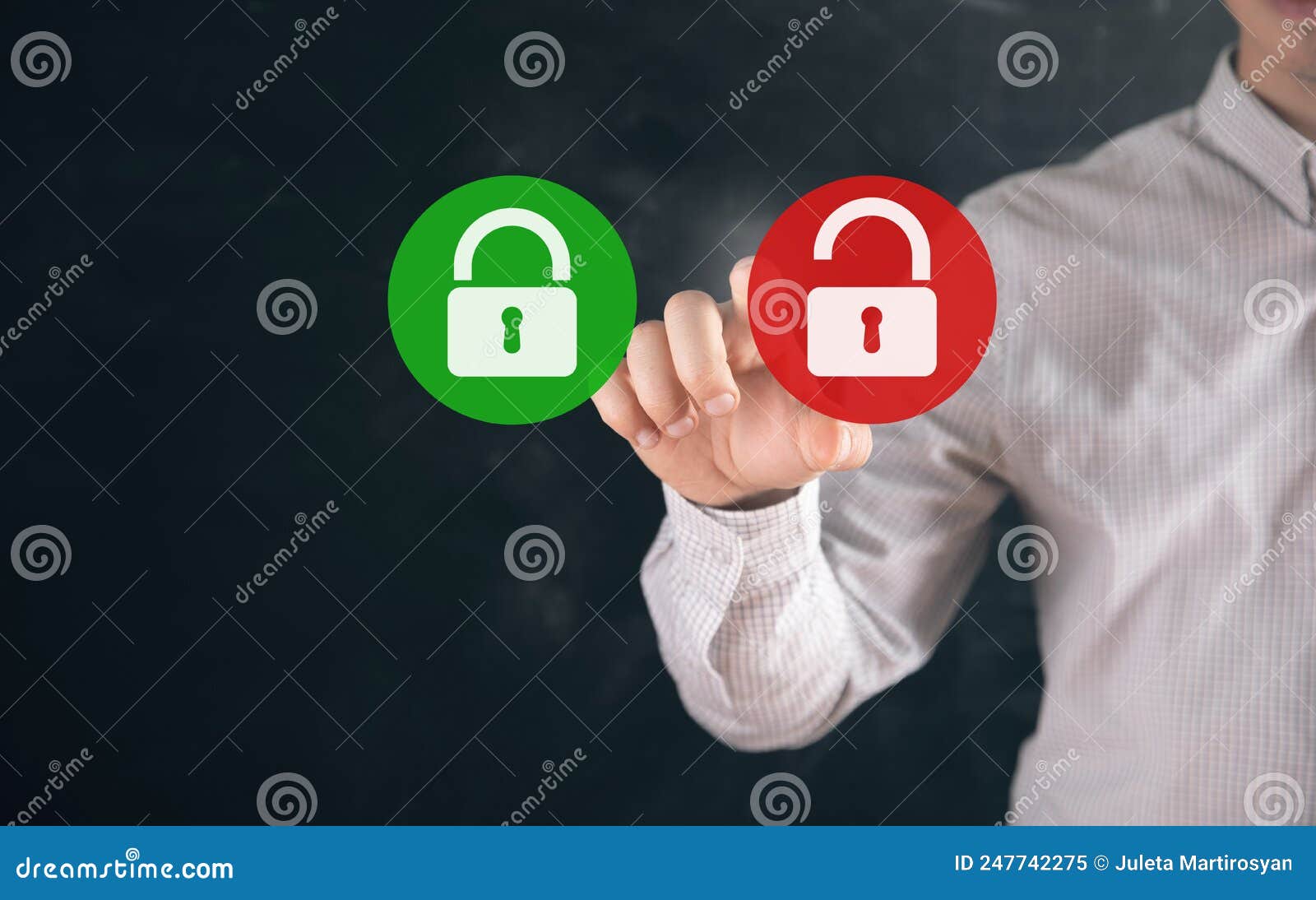 Icons of Open and Closed Lock. Man Tapping on the Screen Stock Image ...