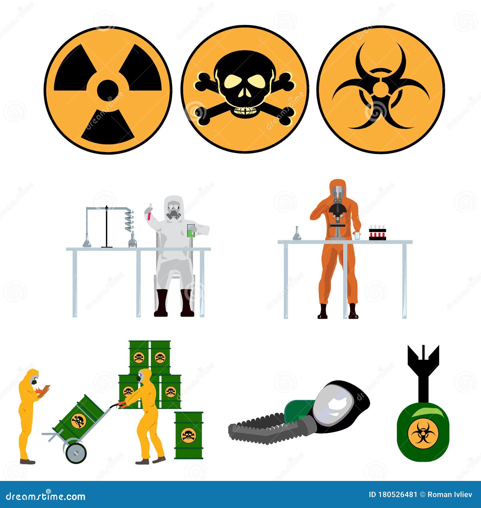 Icons and Scientists with a Radioactive, Bacteriological, Chemical ...