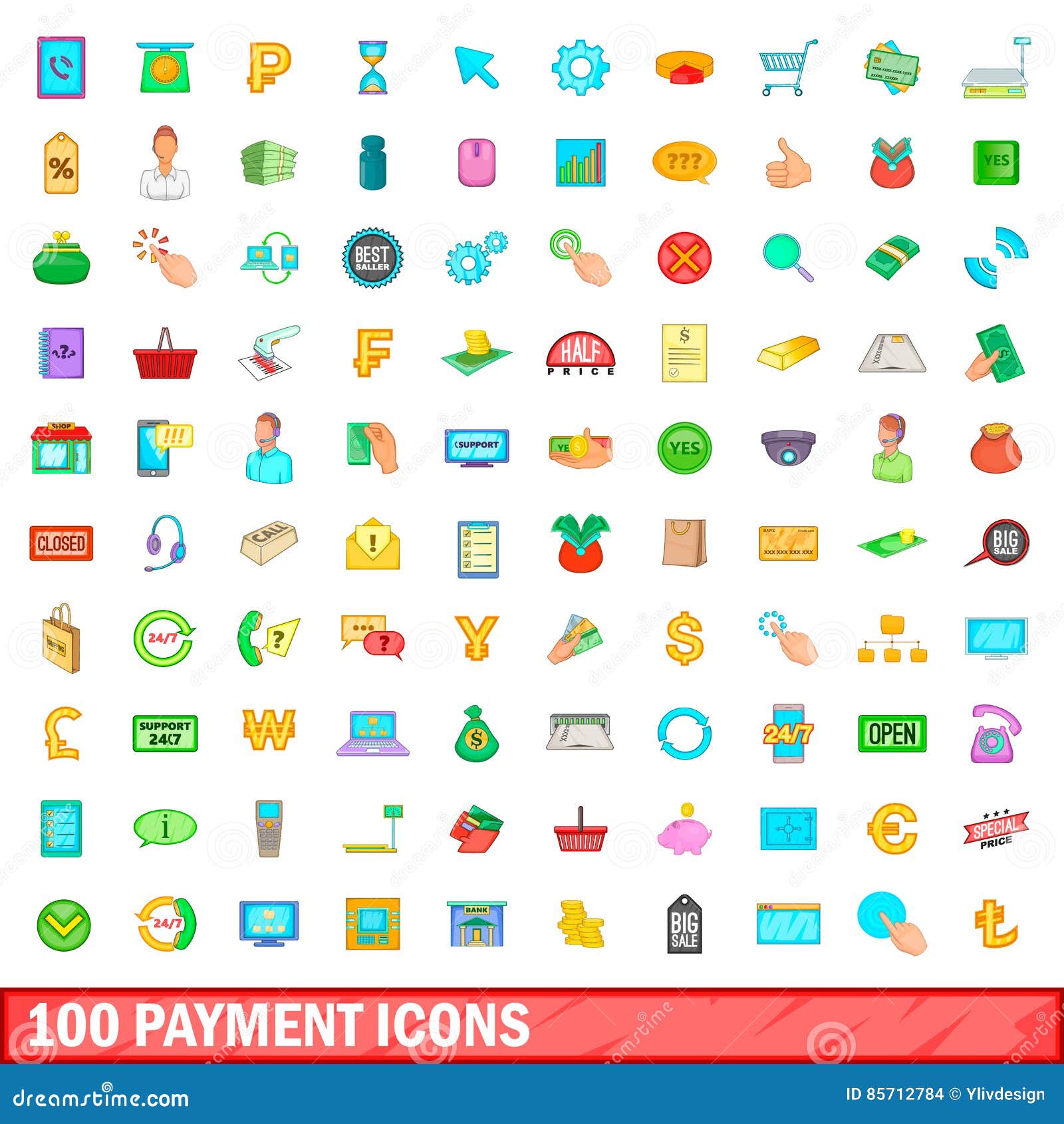 100 Icons Set, Cartoon Style Stock Vector - Illustration of element ...