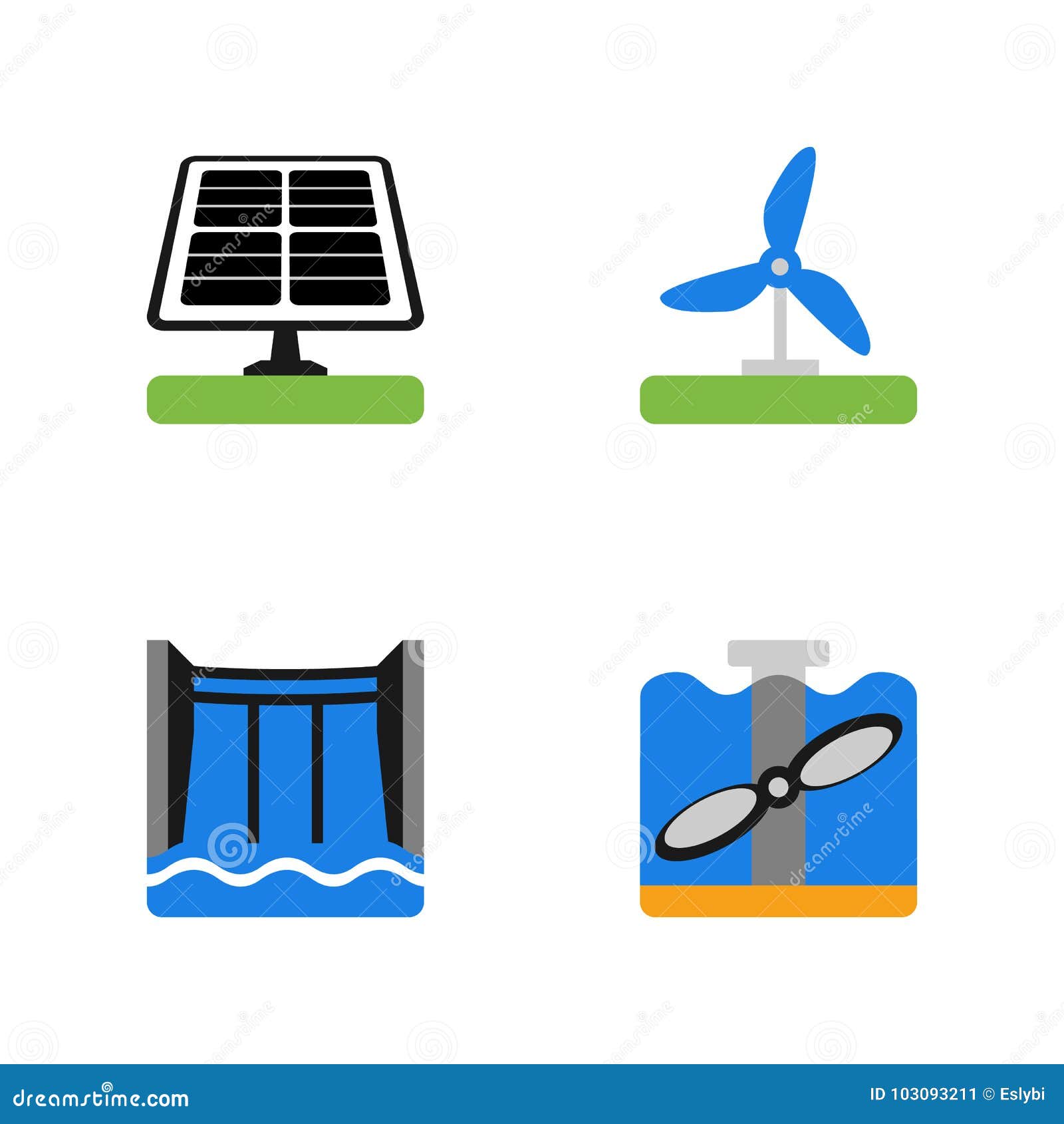 Vector Icons Set with Wind, Solar, Tidal and Hydroelectricity Isolated ...