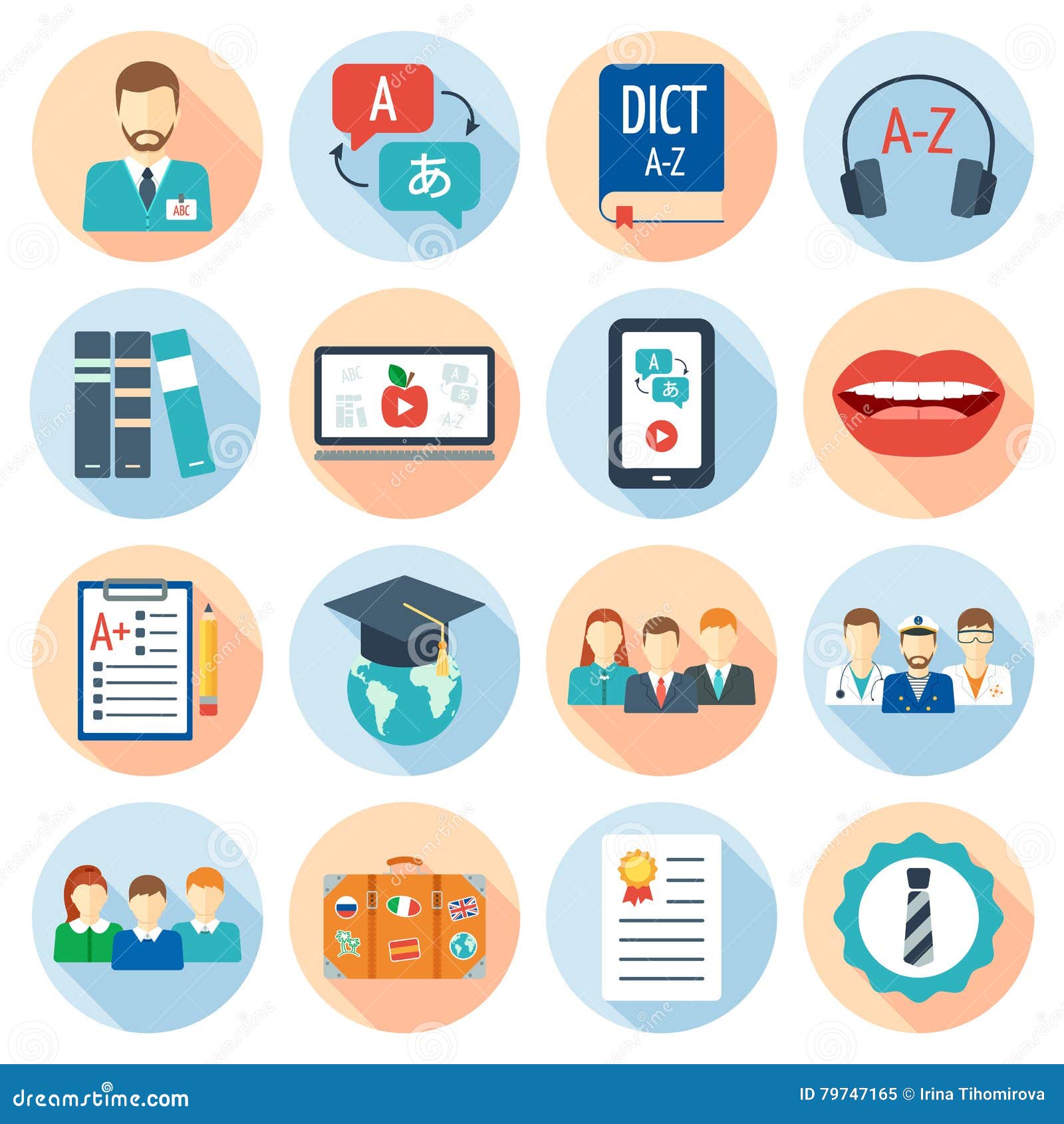 Icons Set for Foreign Language Courses and Schools. Flat Design Stock ...