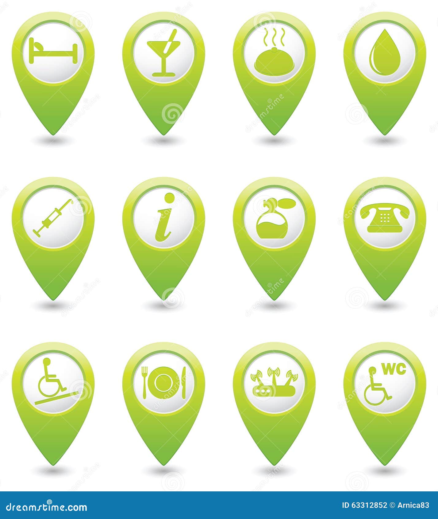 Icons Set on Green Map Pointer Stock Vector - Illustration of hotel ...