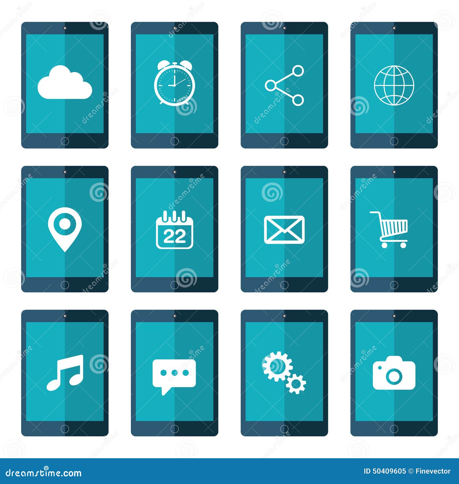 Icons Set on Tablet Screen. Flat Vector Illustration. Stock Vector ...