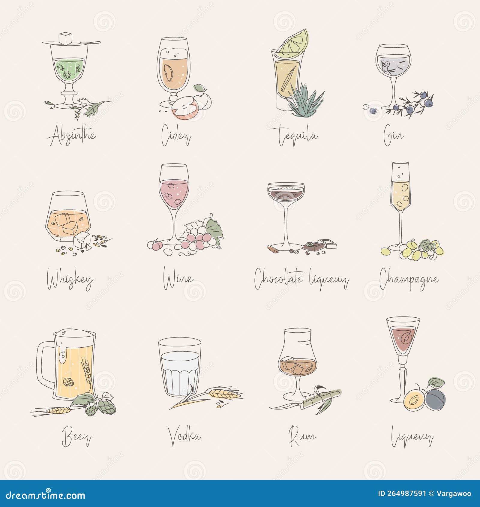 Icons Set of Various Alcohol Types with Components in Different Glasses ...