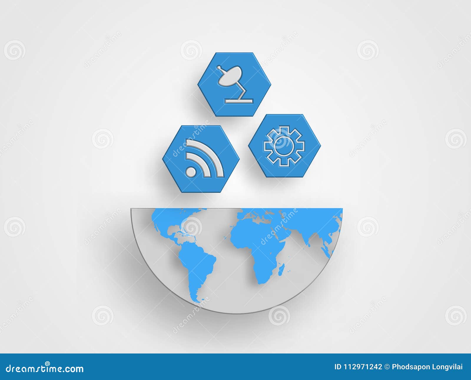 Icons of Telecommunication Concept are on the Half Size of Earth Map ...