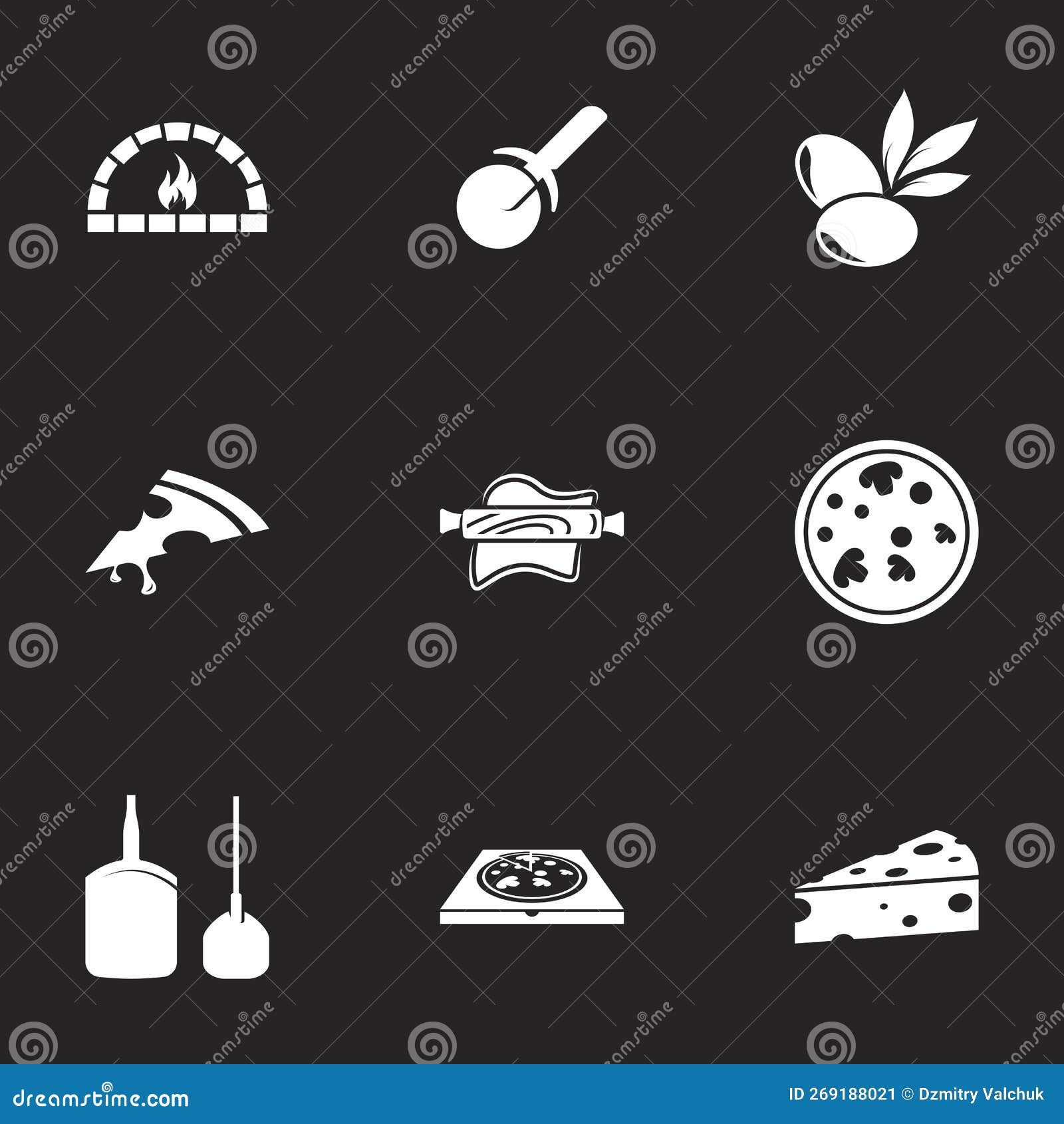 Icons for Theme Pizza. Black Background Stock Vector - Illustration of ...