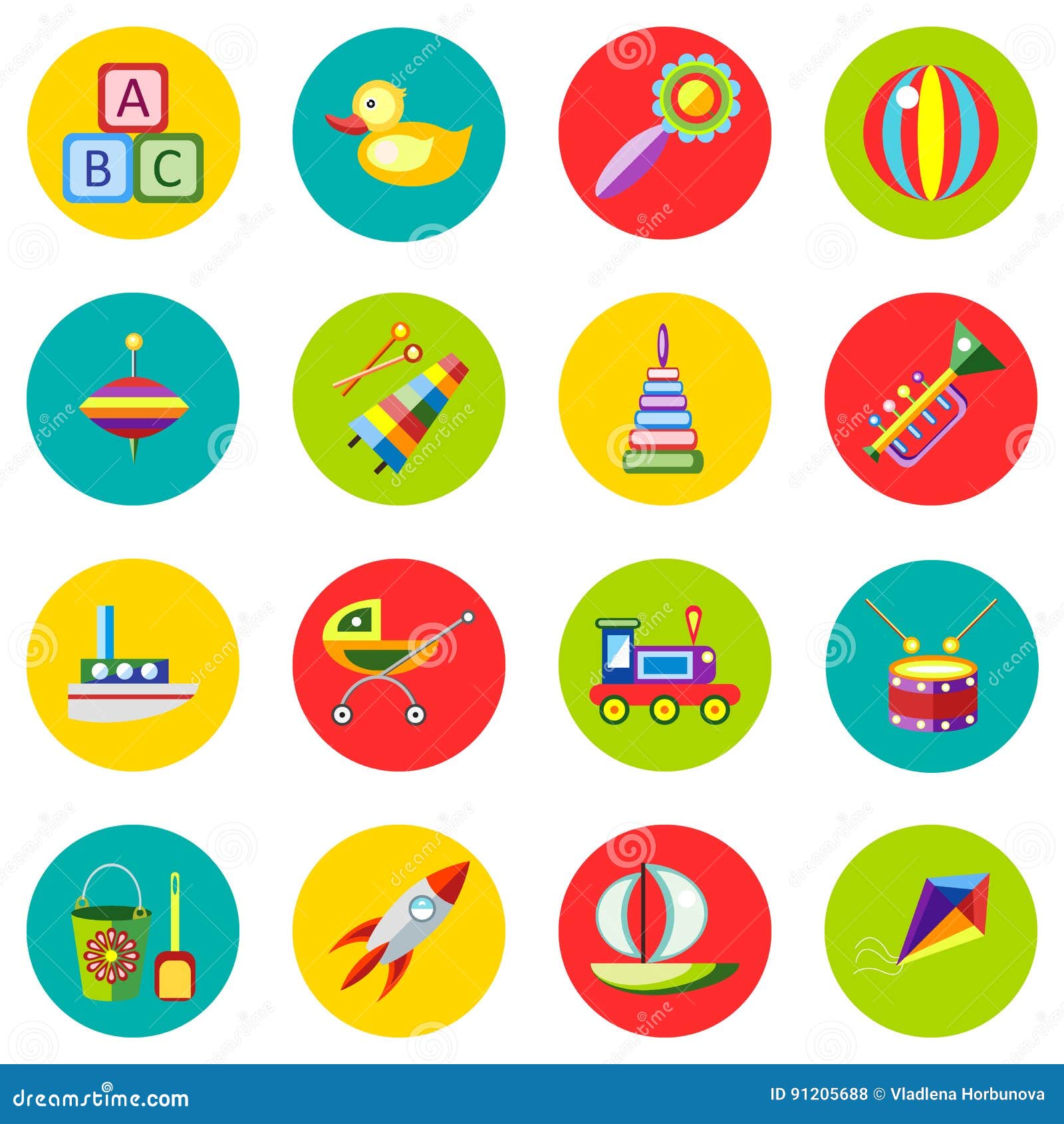 Icons of Toys in the Flat Style. Vector Image on a Round Colored ...
